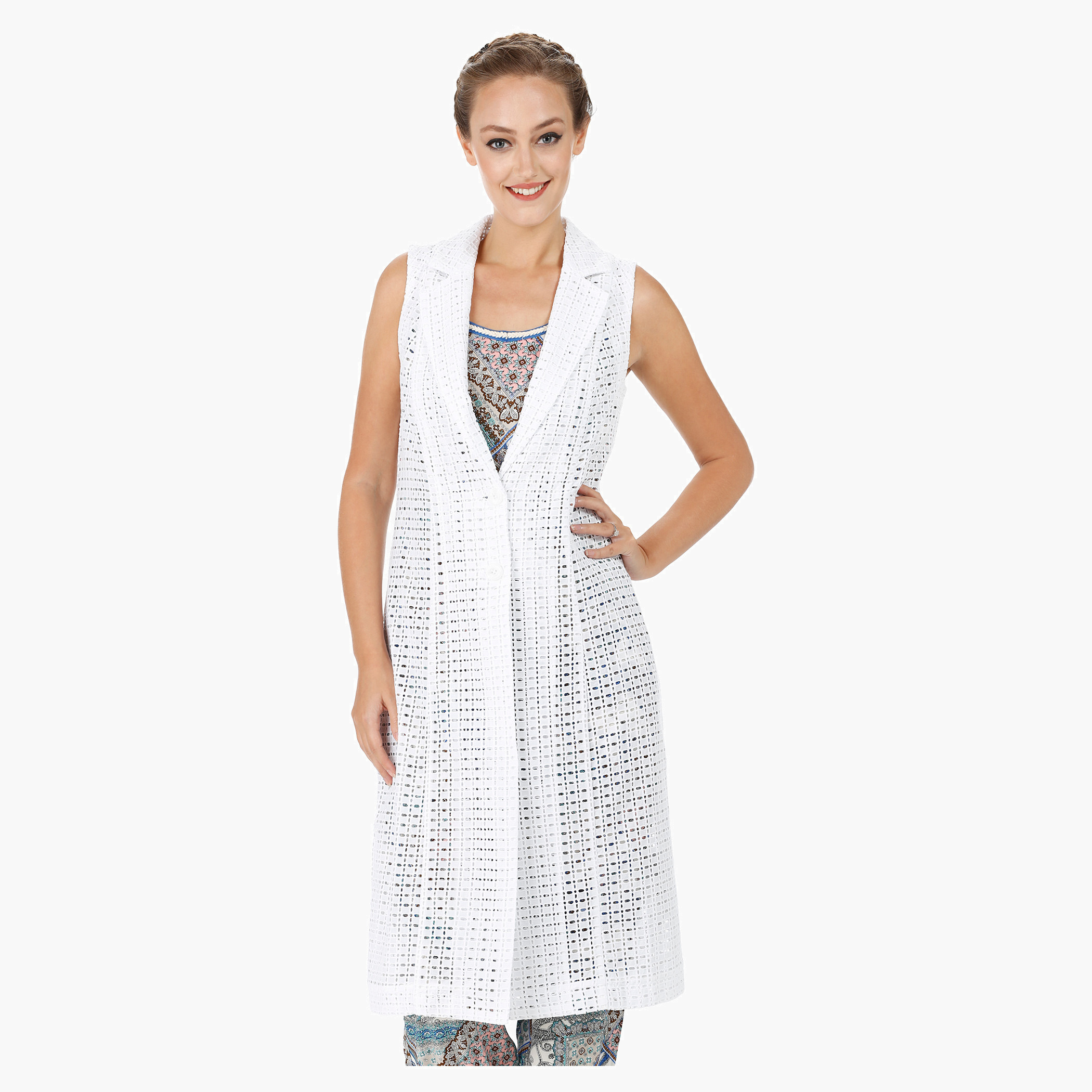 Buy Sleeveless Long Jacket with Schiffli Work Online | Centrepoint UAE