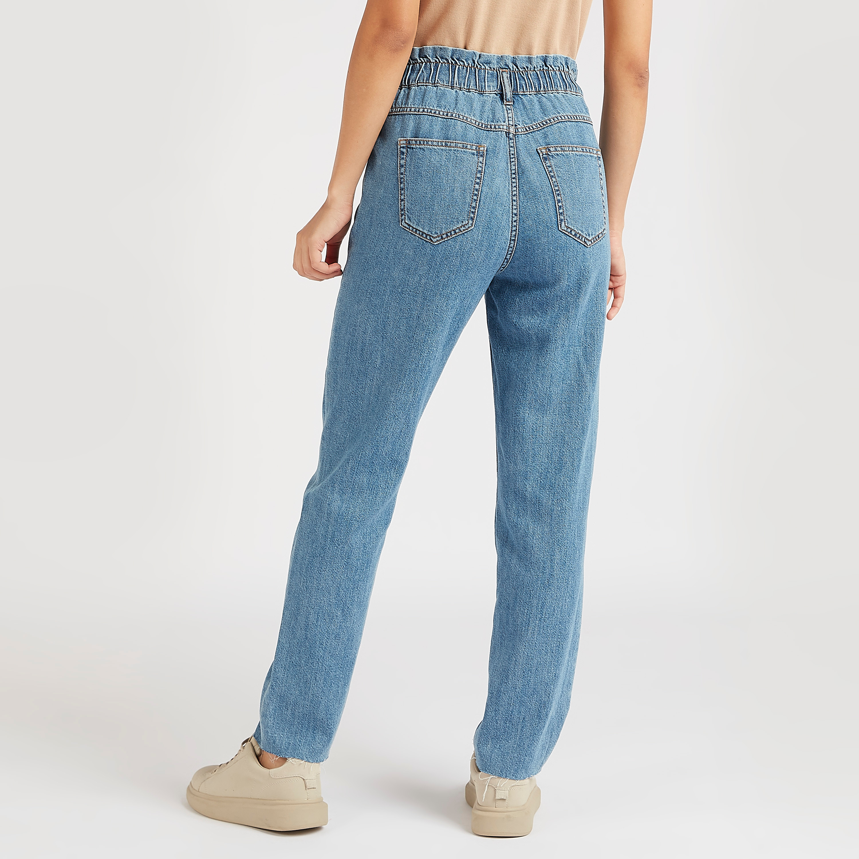 Buy Solid High-Rise Ripped Denim Trousers with Elasticated Waist Online ...