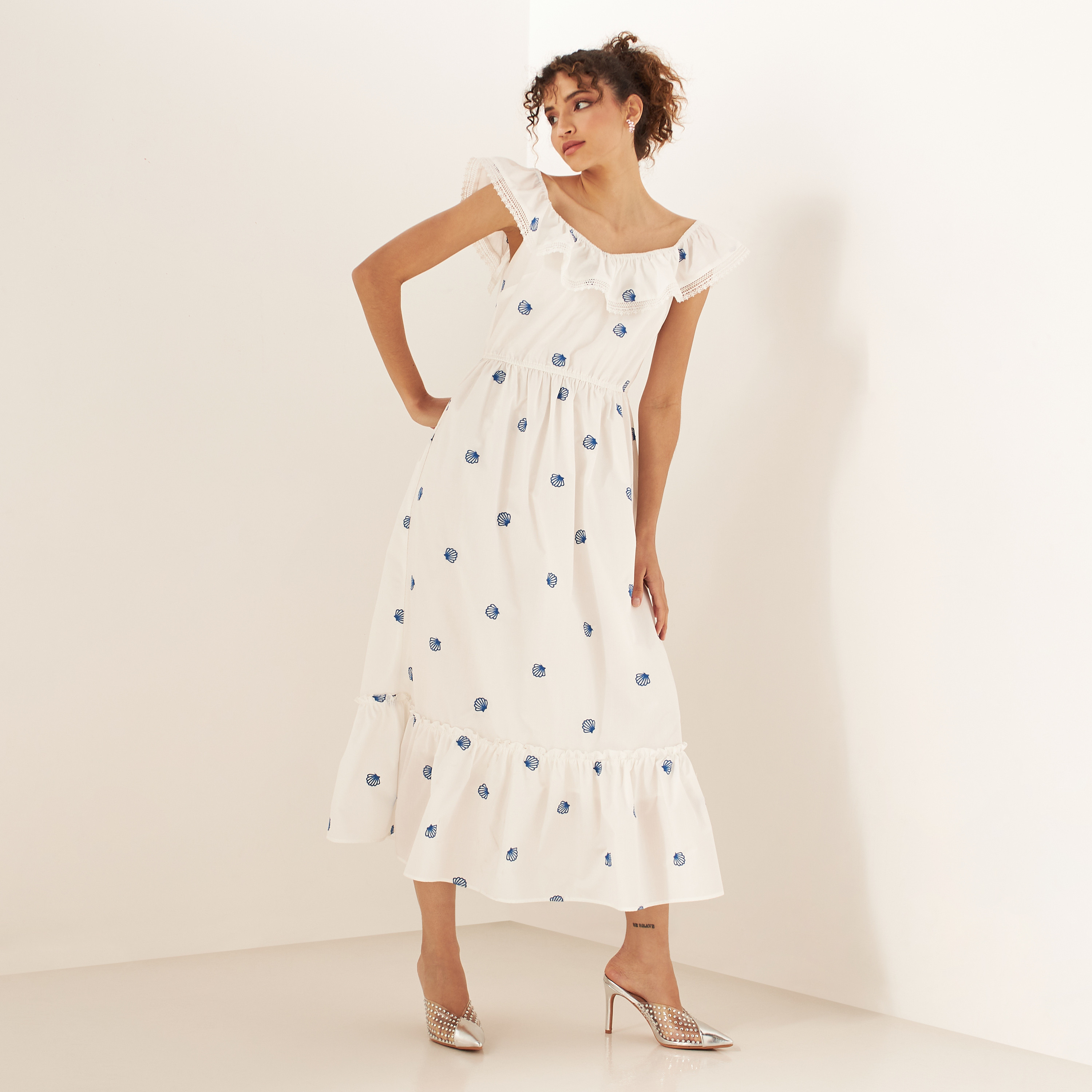 Buy All-Over Embroidered Sleeveless Maxi Dress with Frill Detail Online ...