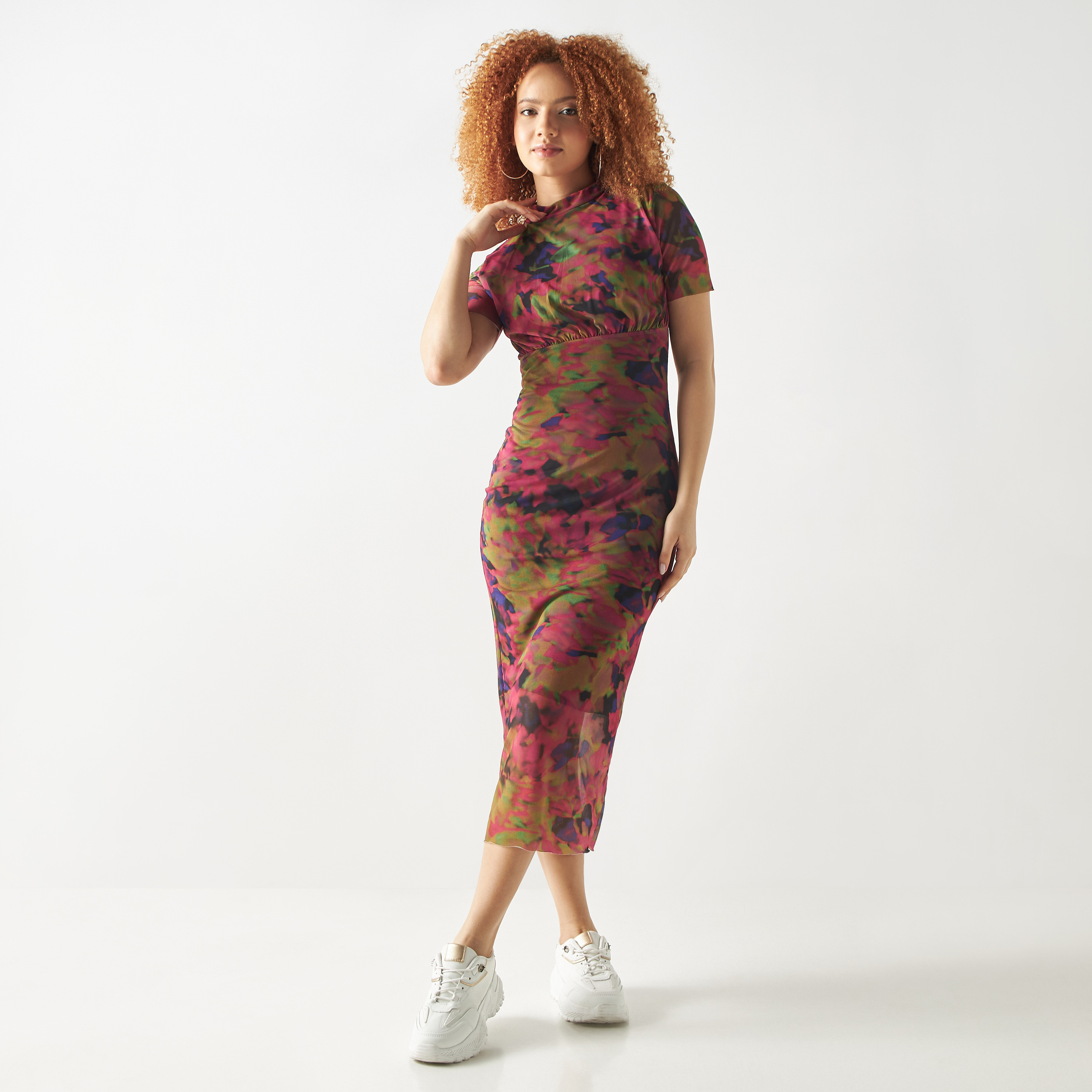 Buy All-Over Print High Neck Bodycon Dress with Short Sleeves Online ...