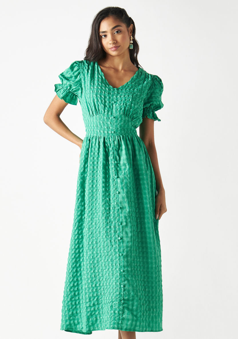 Shop Textured V Neck Midi Dress With Puff Sleeves Online Splash Uae