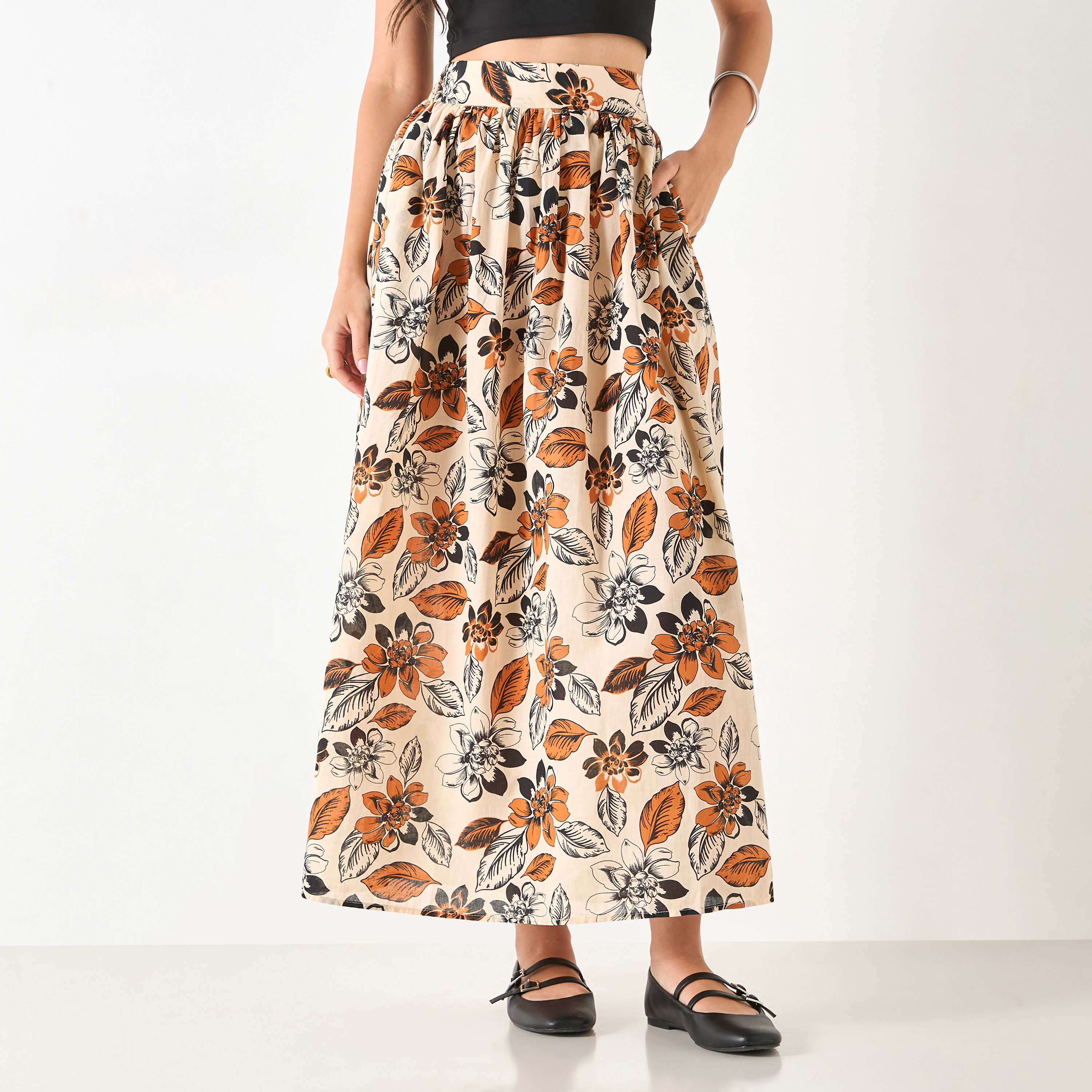 Shop All-Over Print Pleated Skirt with Pockets and Semi-Elasticated ...