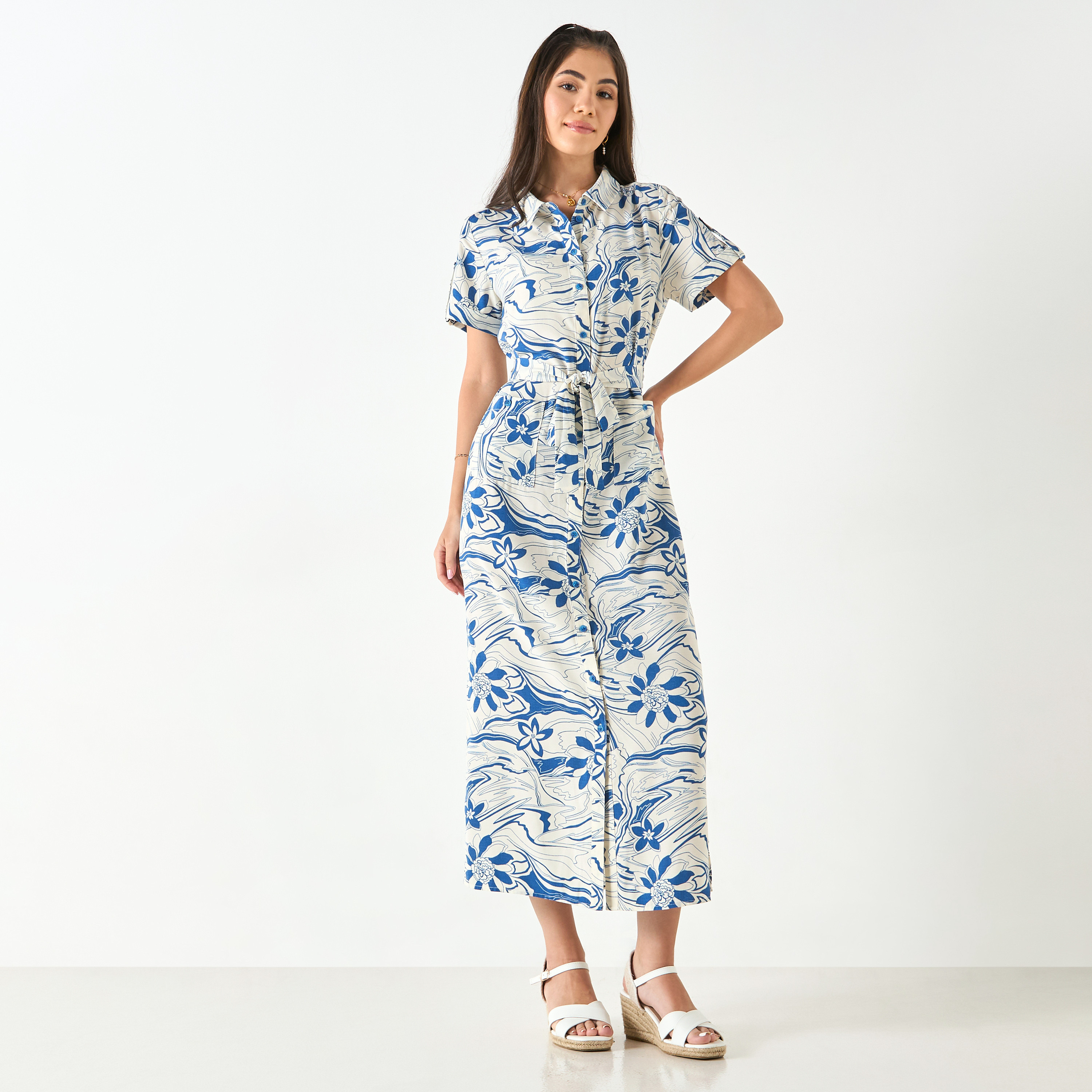 Buy All-Over Floral Print Shirt Dress with Tie-Up Belt and Pockets ...