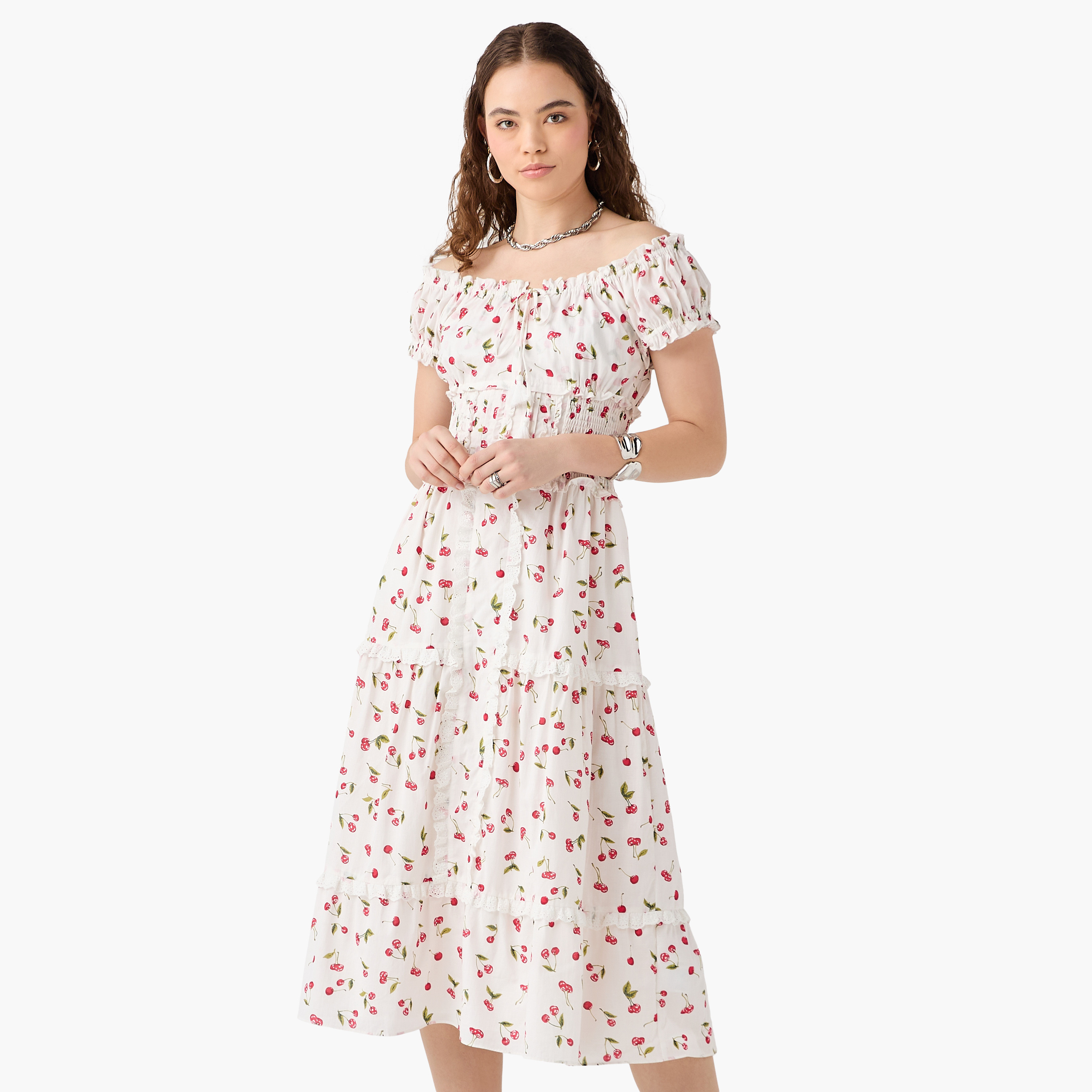 Buy Cherry Print Tiered Midi Dress with Short Sleeves Online ...