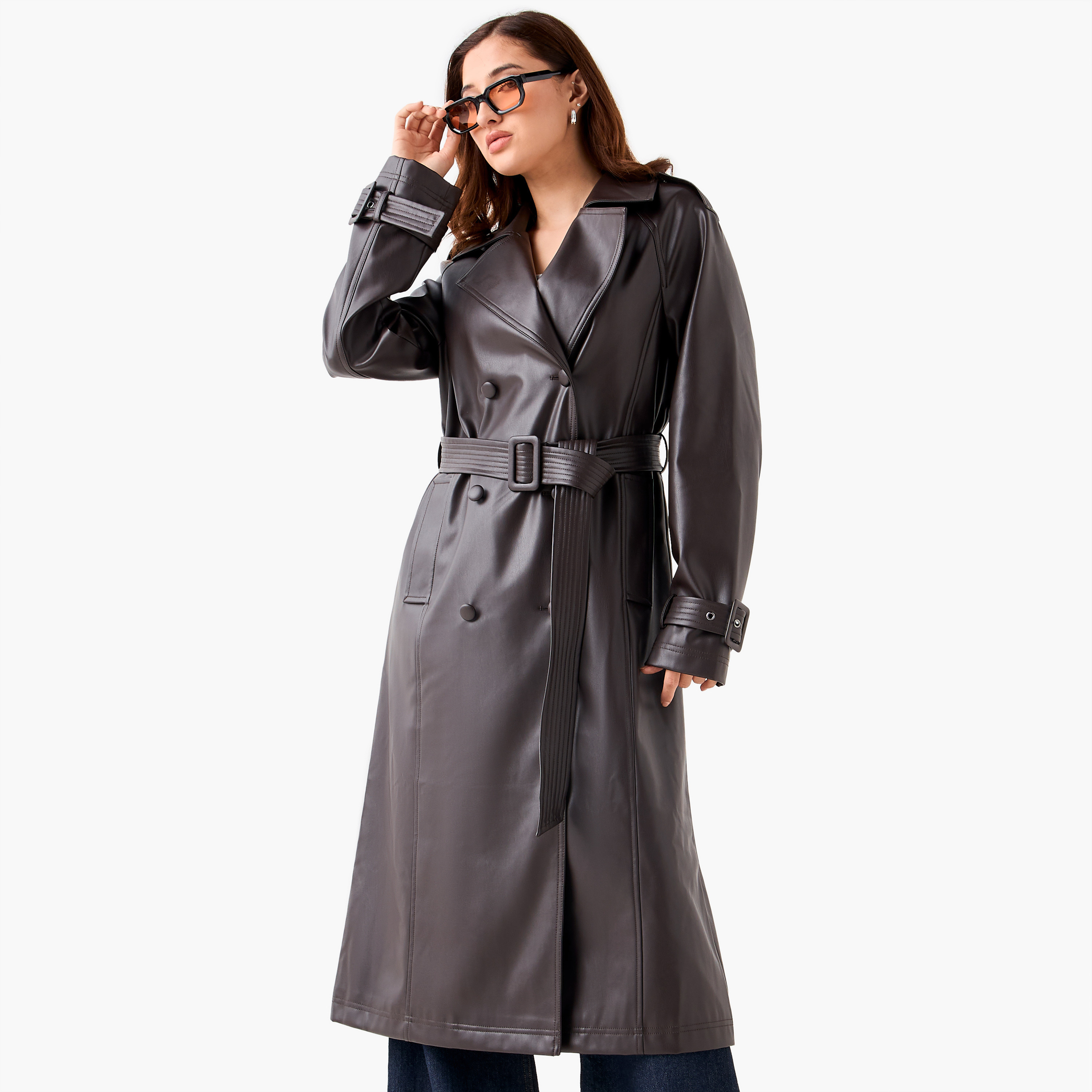 Buy Longline Faux Leather Trench Coat with Belt Online | Centrepoint Kuwait