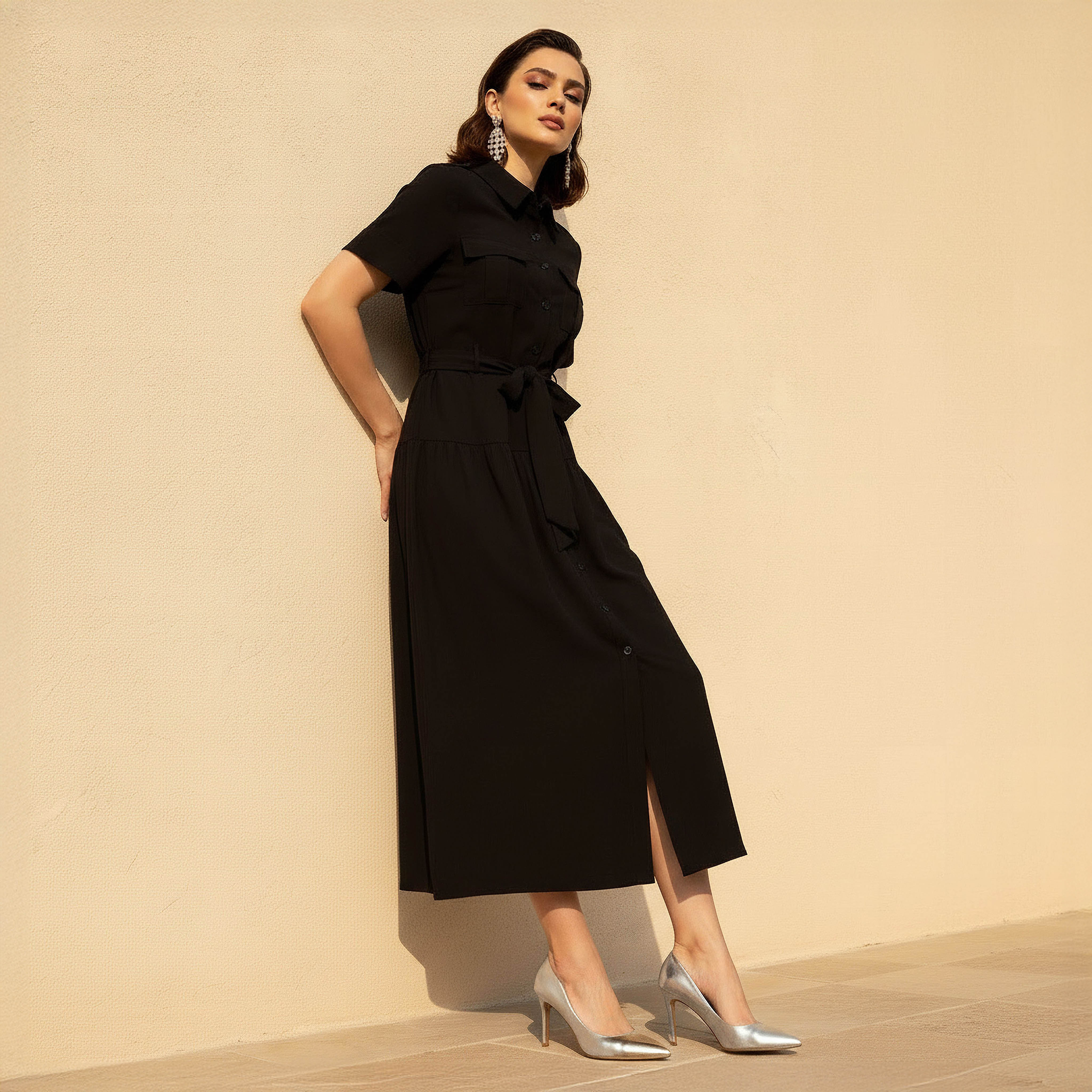 Buy Shirt Midi Dress with Belt Online | Centrepoint Kuwait