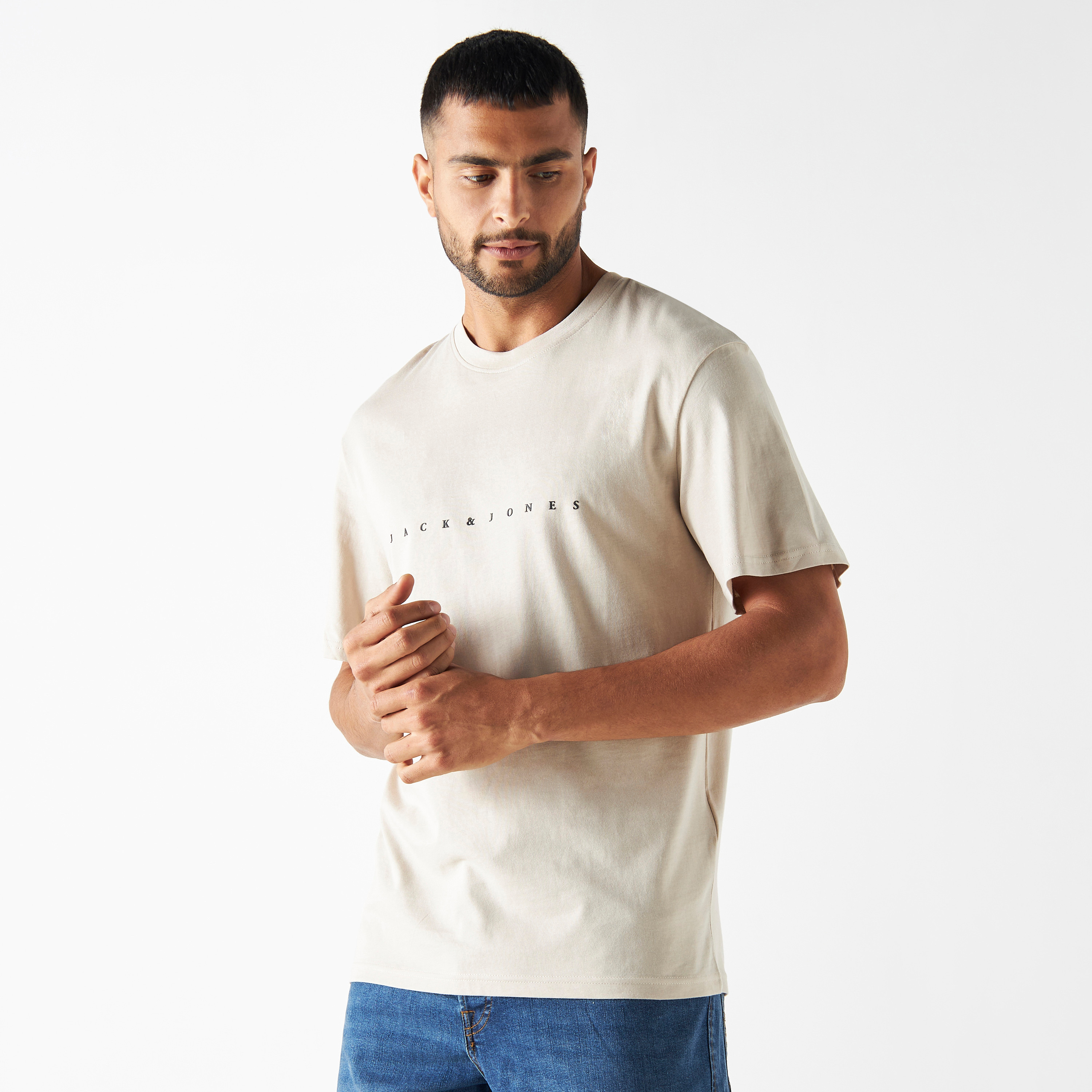 Shop Jack & Jones Logo Print Crew Neck Short Sleeves T-Shirt Online ...