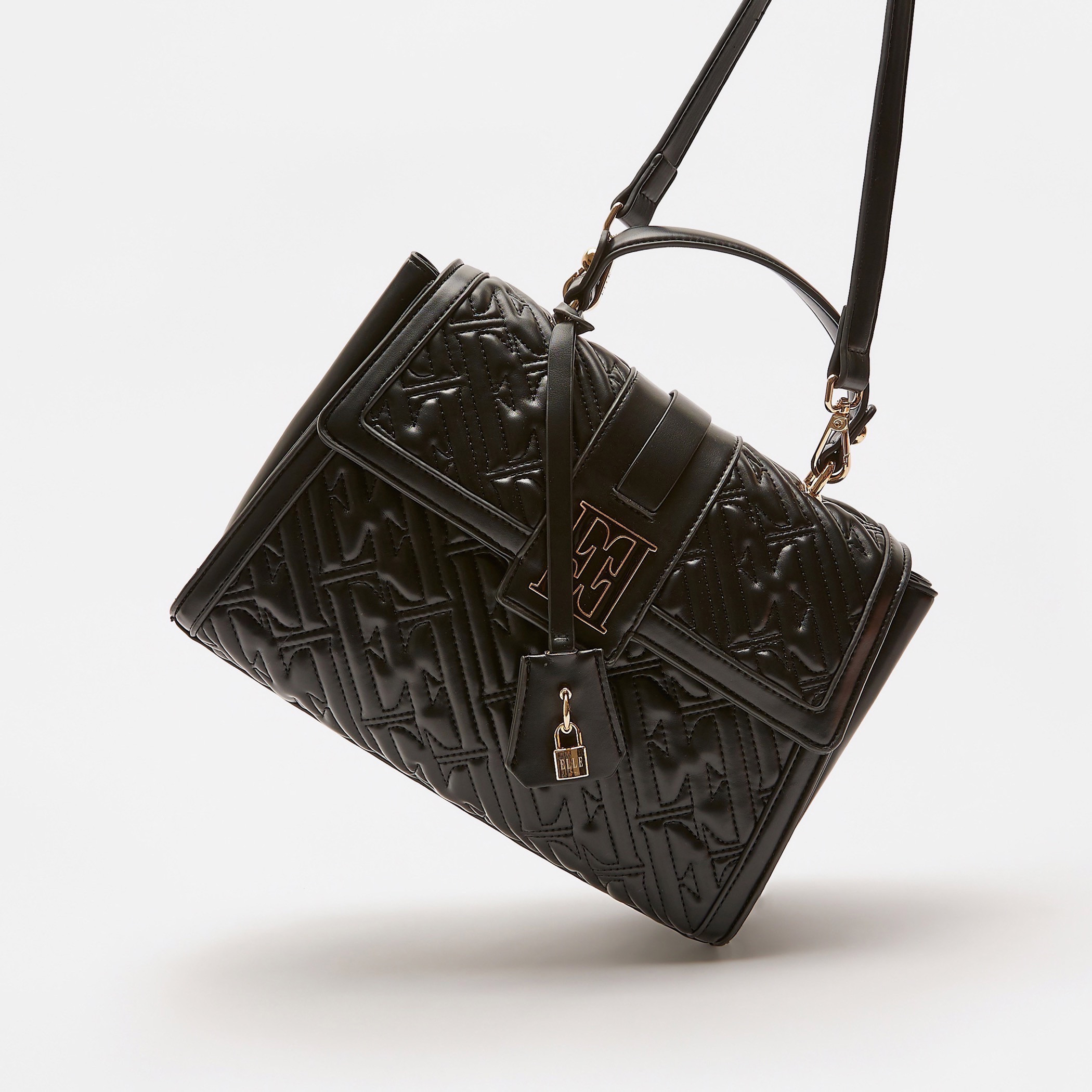 Buy Elle Monogram Textured Satchel Bag with Detachable Strap Online ...