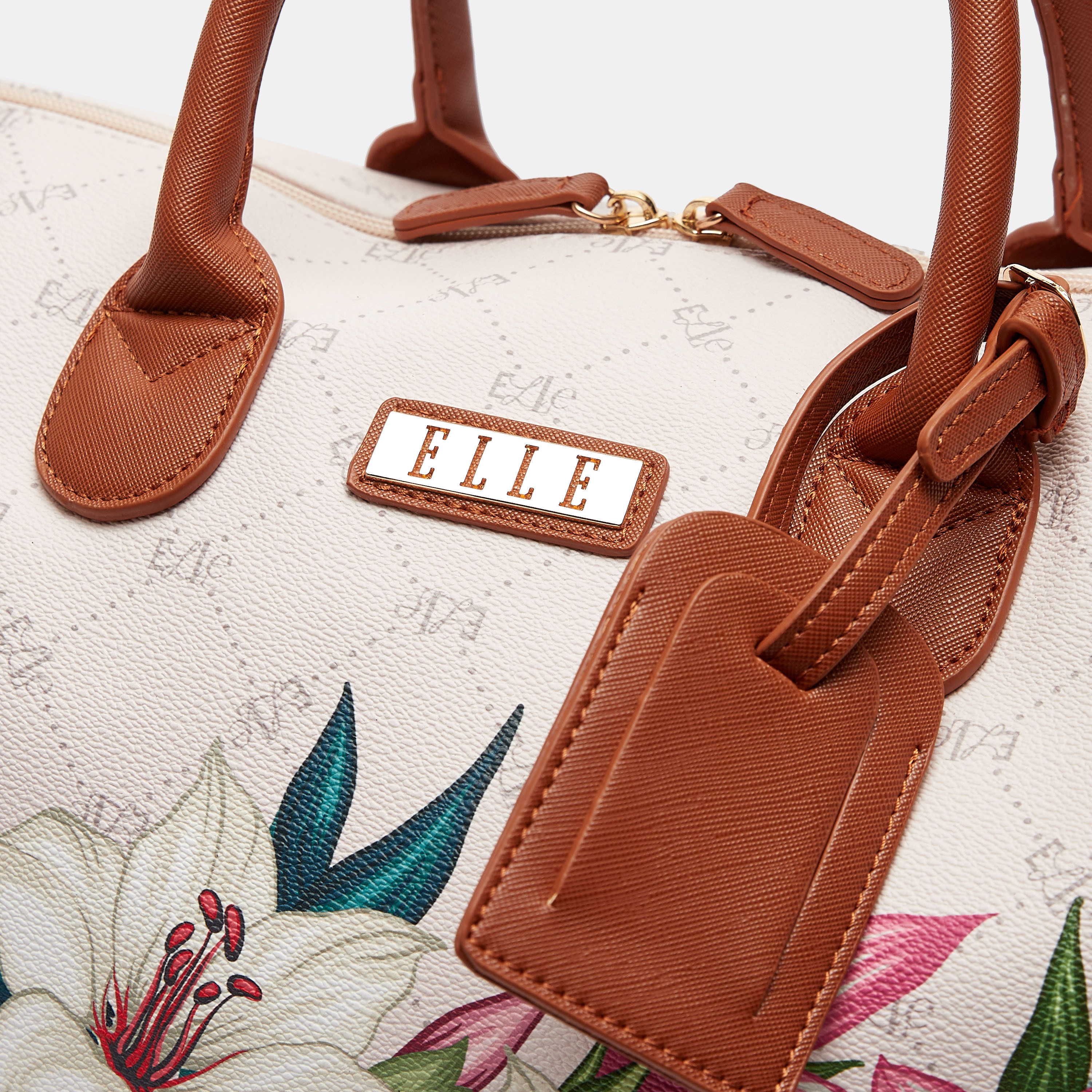 Shop ELLE Floral Print Duffle Bag with Detachable Strap and Zip Closure ...