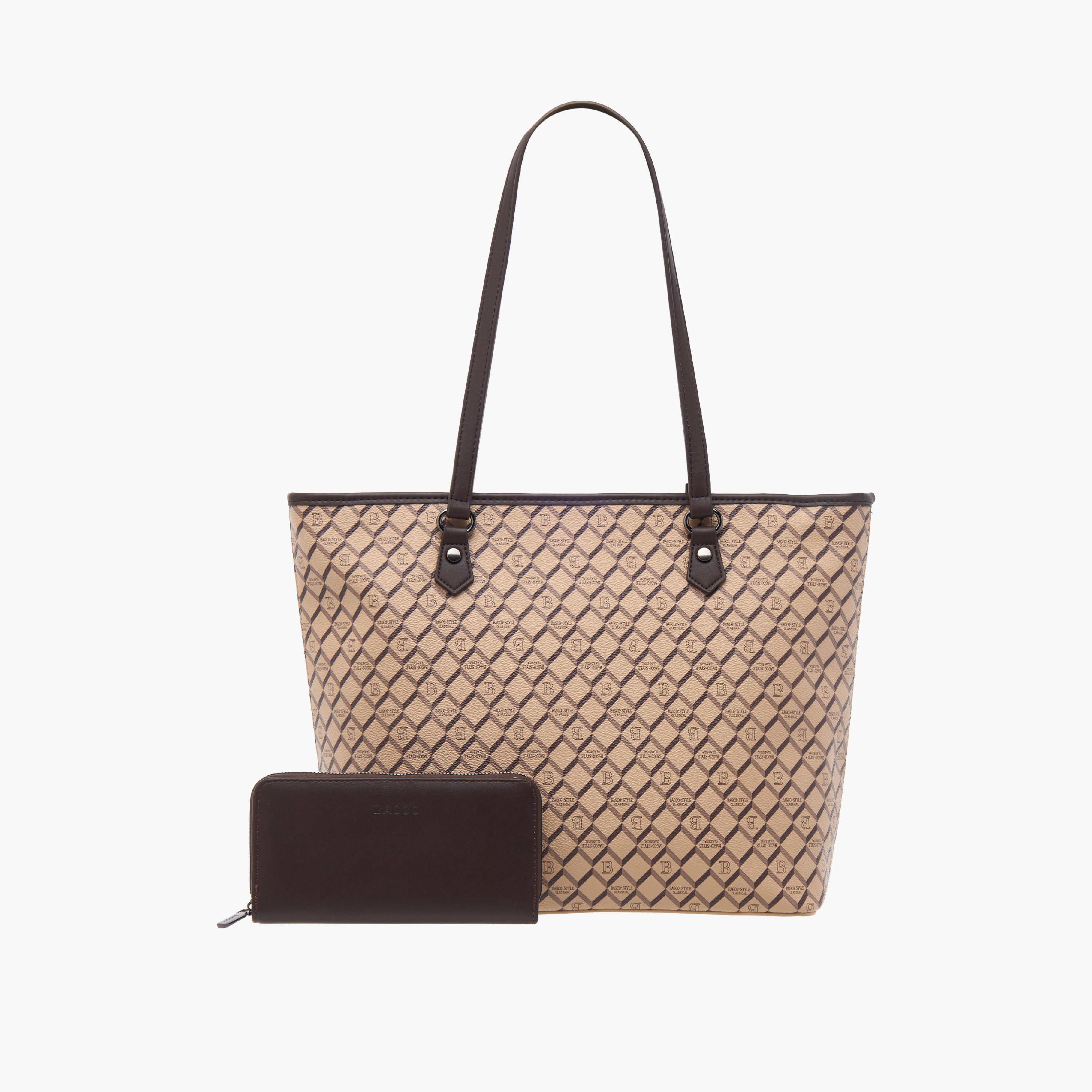 Shop Bagco Monogram Print Tote Bag with Double Handles and Zip Around ...