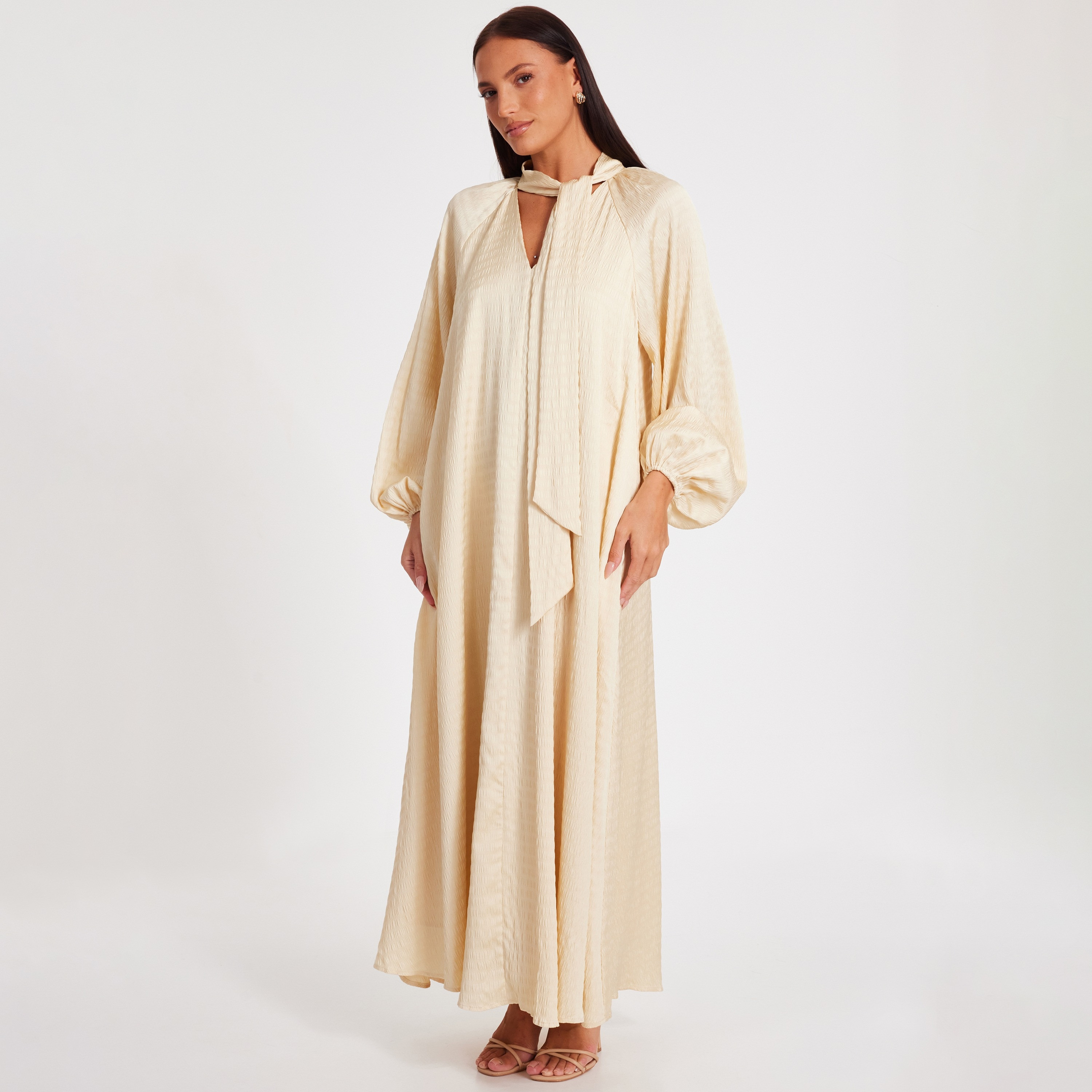 Buy Quiz Textured Satin Tie-Up Neck Balloon Sleeves Yellow Women's Maxi ...