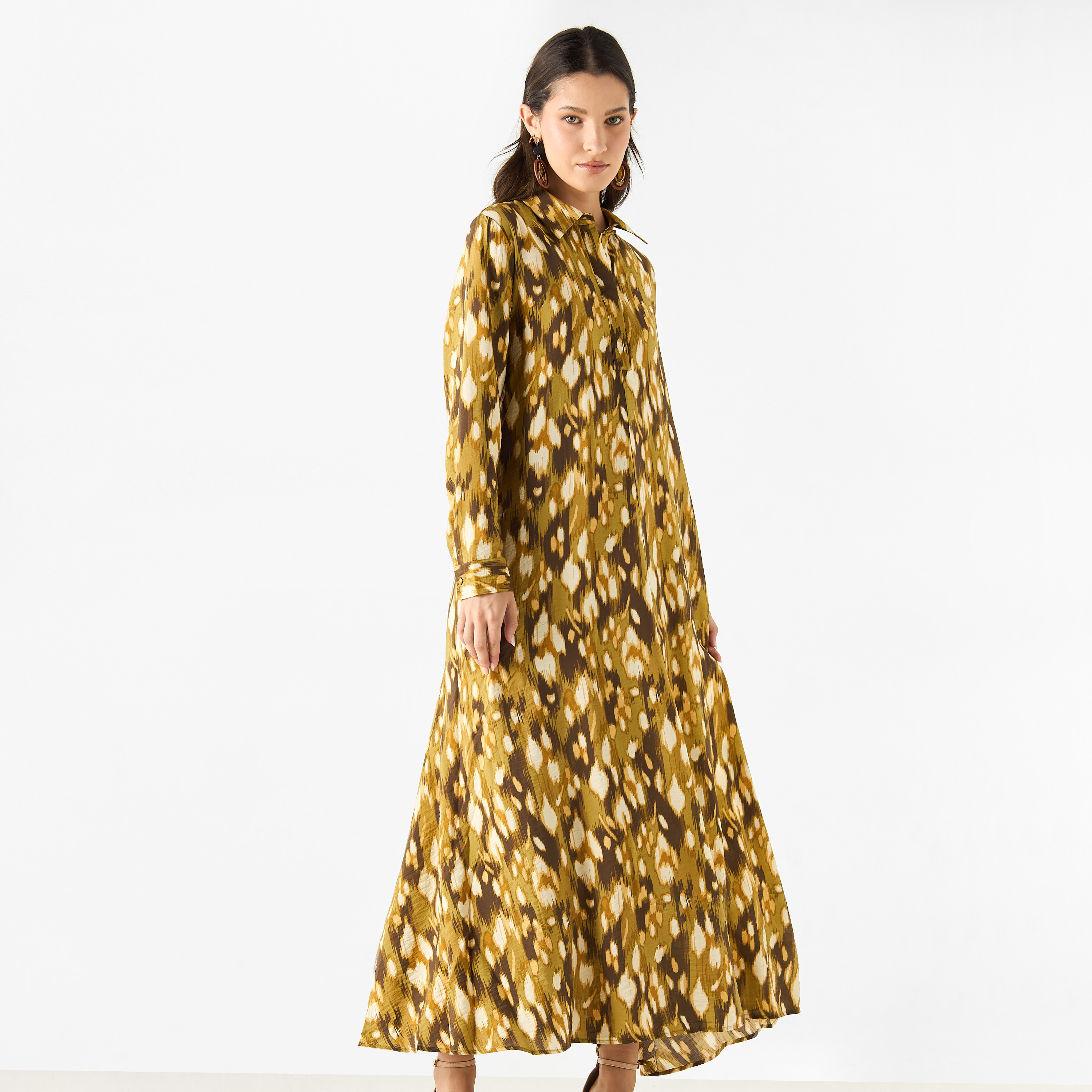 Shop Iconic All-Over Print A-line Shirt Dress with Long Sleeves Online ...