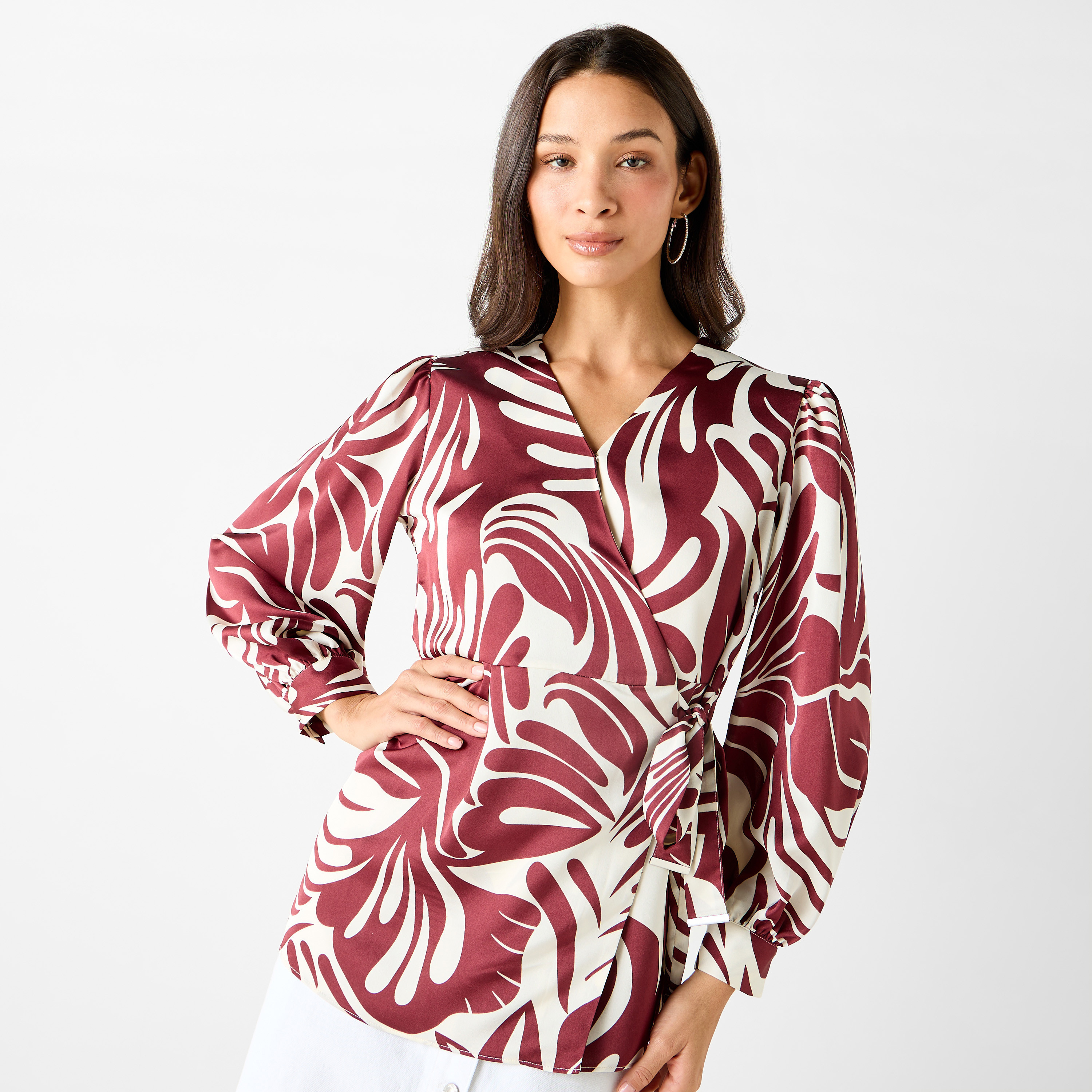 Shop Iconic All-Over Print Wrap Top with Long Sleeves and Tie-Up Detail ...