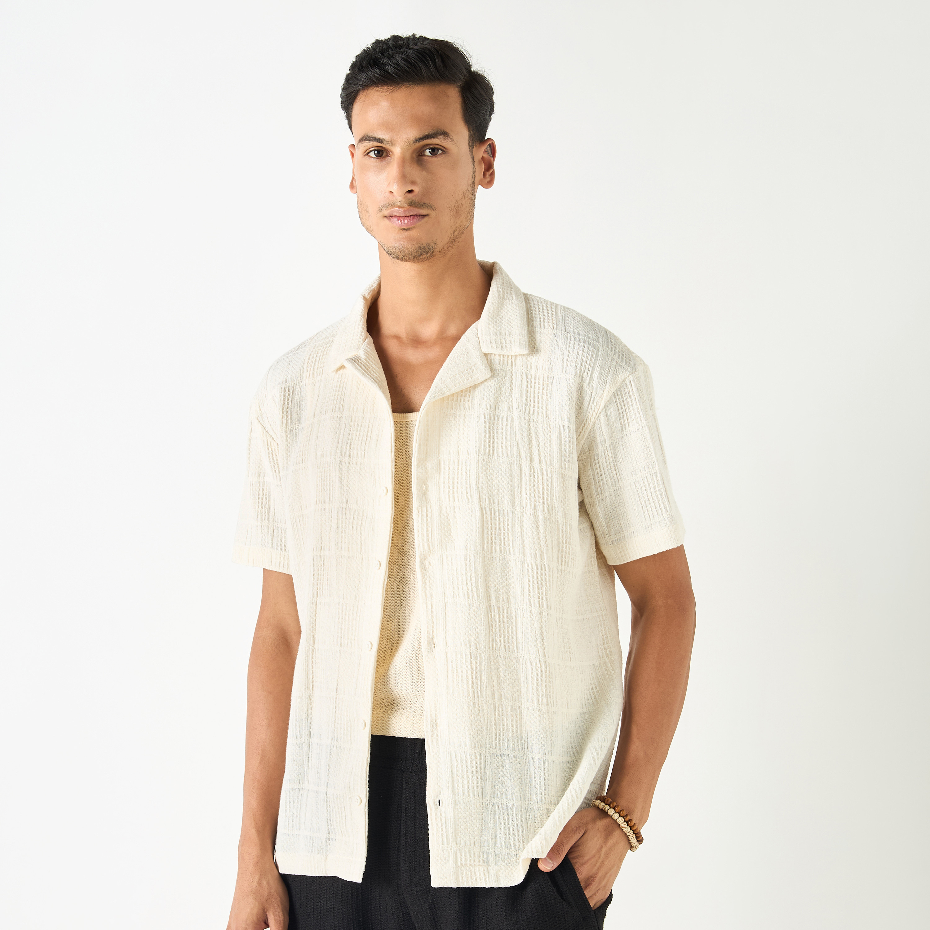 Shop Iconic Textured Camp Collar Shirt with Short Sleeves Online ...