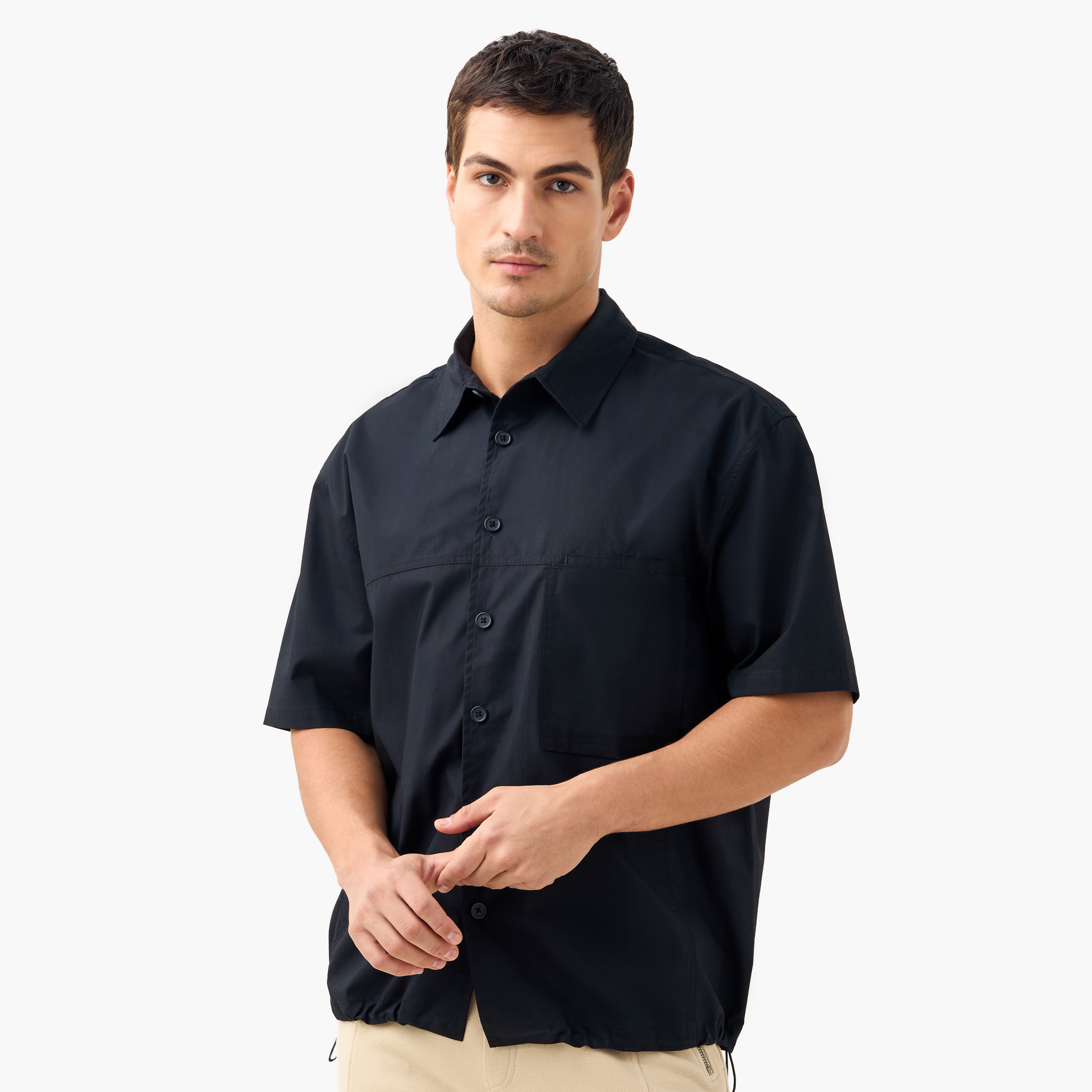 Shop Iconic Collar Shirt with Short Sleeves and Drawstring Hem Detail ...