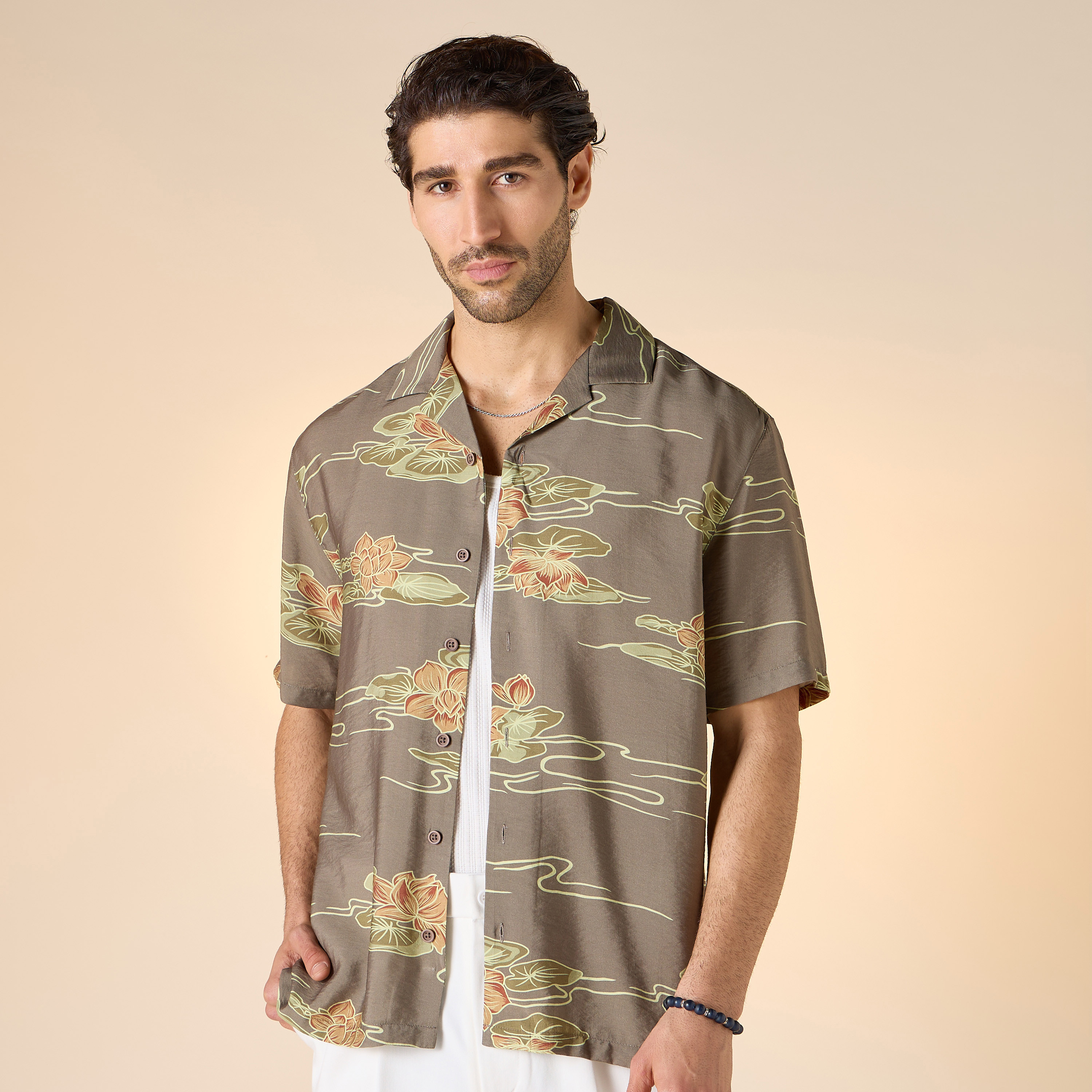 Shop Iconic All-Over Lotus Print Camp Collar Shirt with Short Sleeves ...