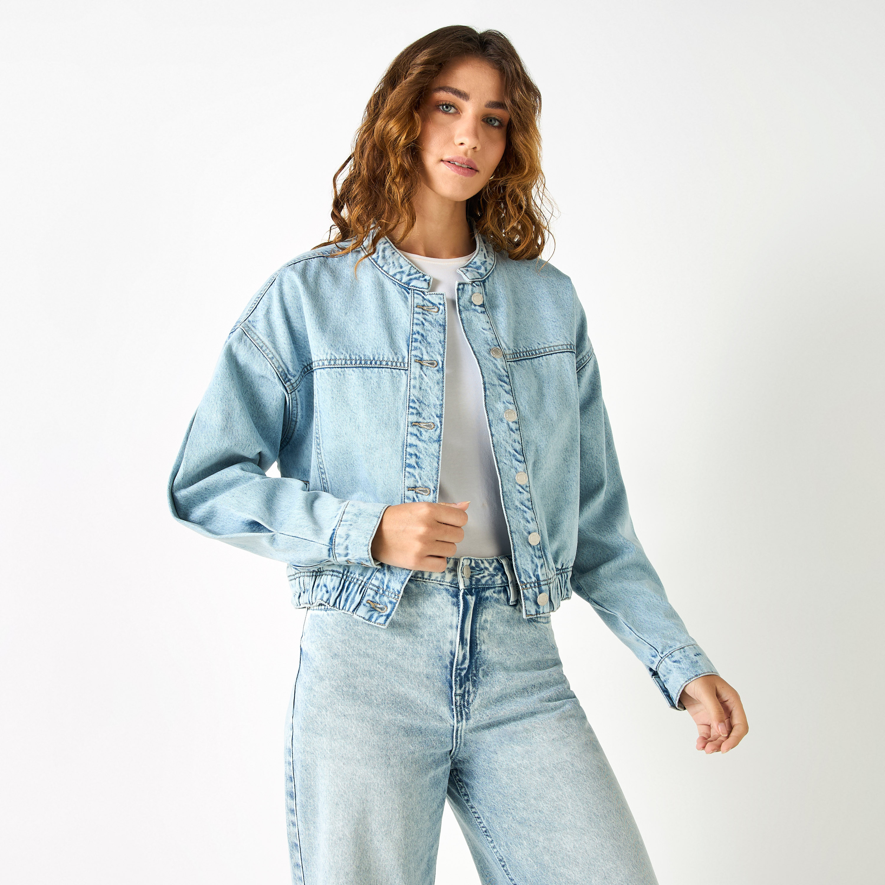 Shop Mandarin Collar Denim Jacket with Button Closure Online | Splash UAE