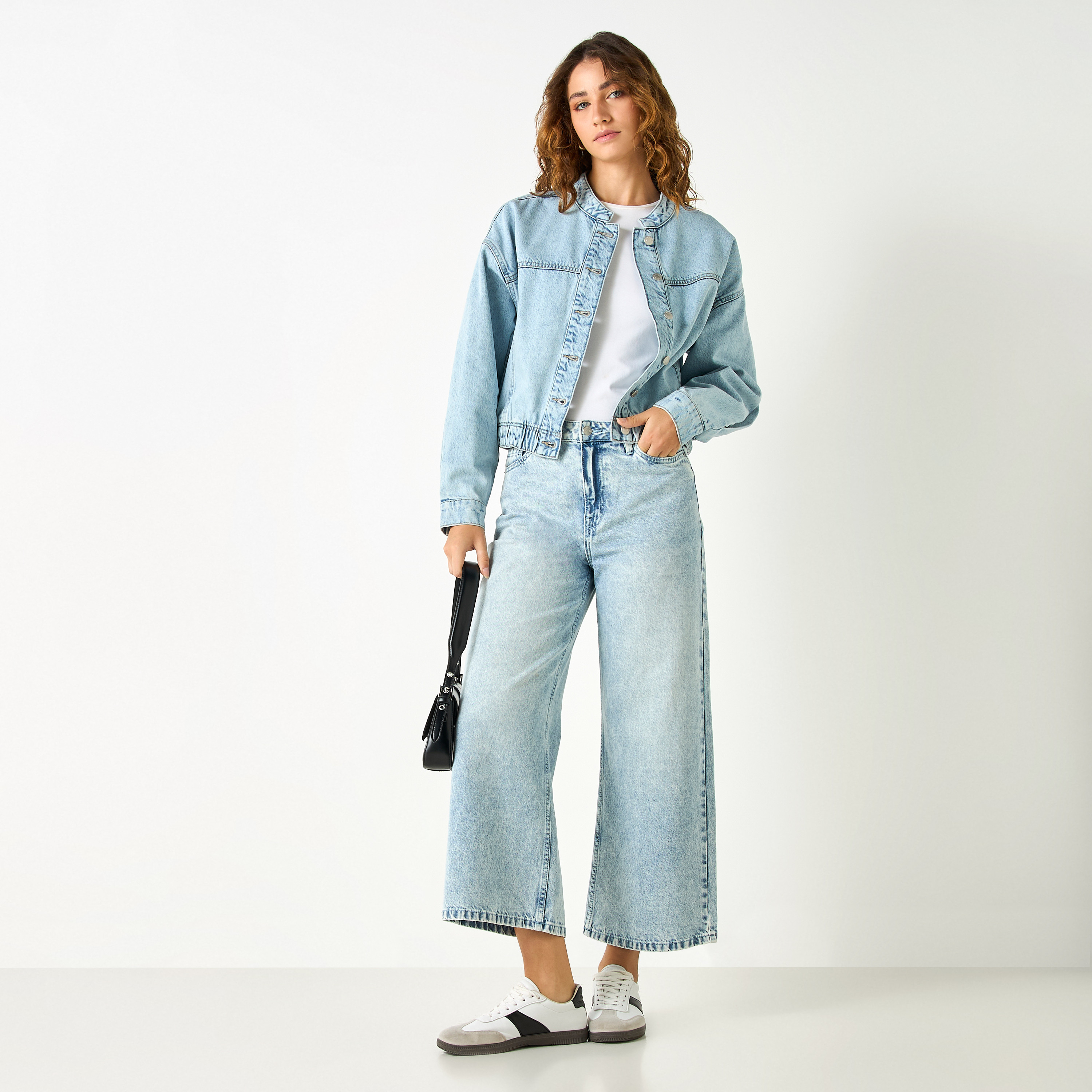 Shop Mandarin Collar Denim Jacket with Button Closure Online | Splash UAE