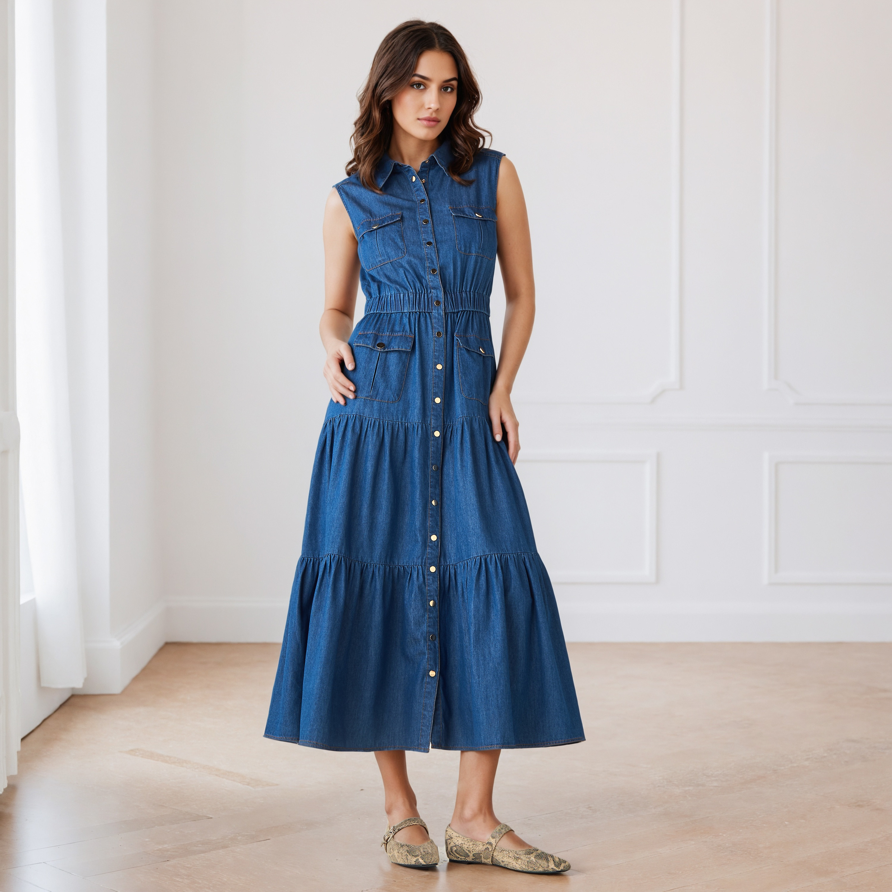 Buy Denim Tiered Sleeveless Dress with Collar and Pockets Online ...