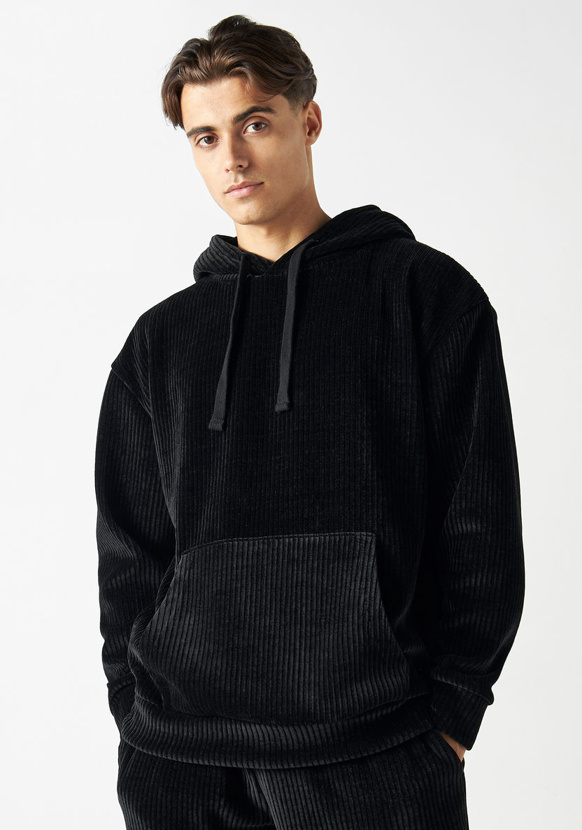 Buy Textured Corduroy Hoodie With Long Sleeves And Kangaroo Pocket