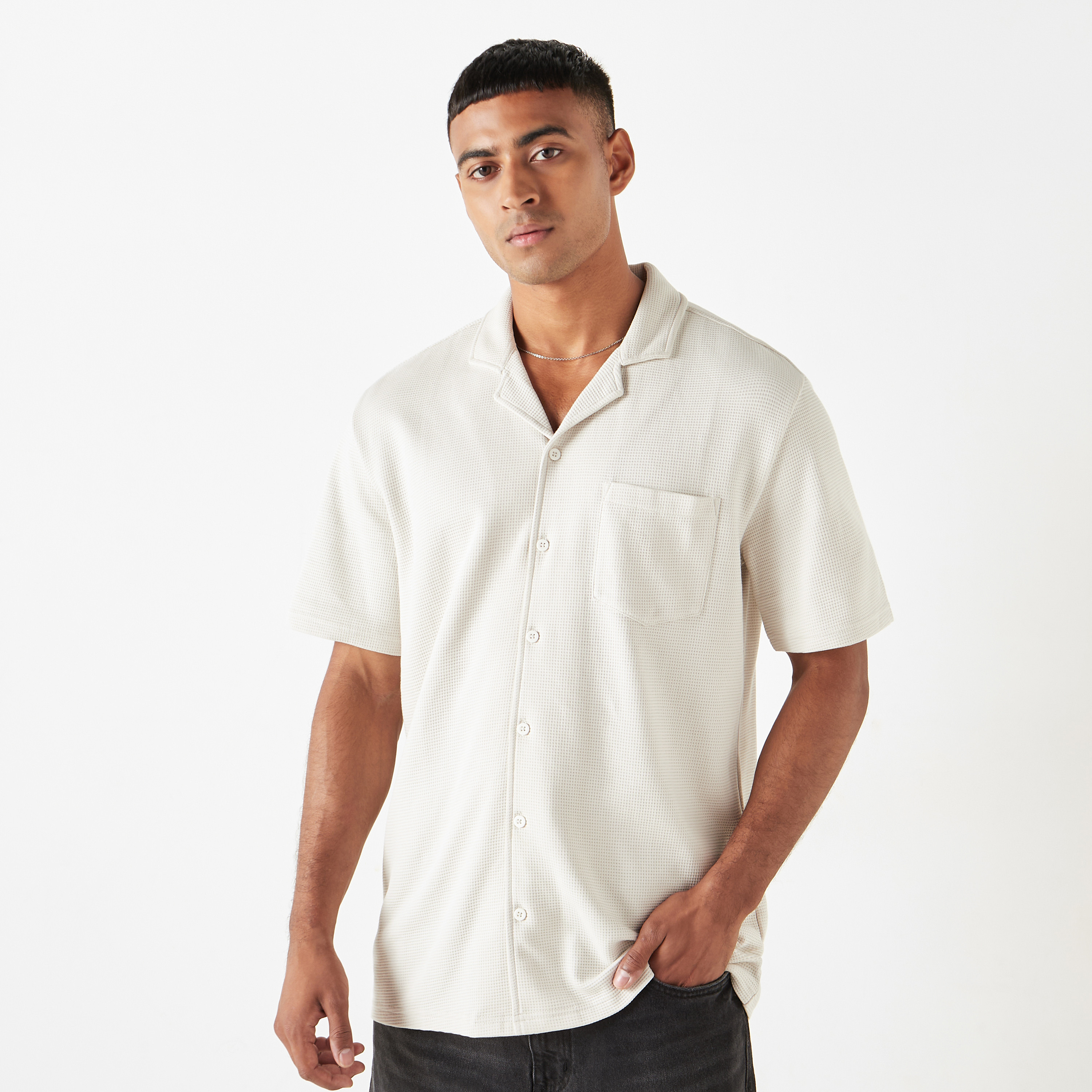 Shop Regular Fit Waffle Textured Short Sleeves Shirt with Camp Collar ...