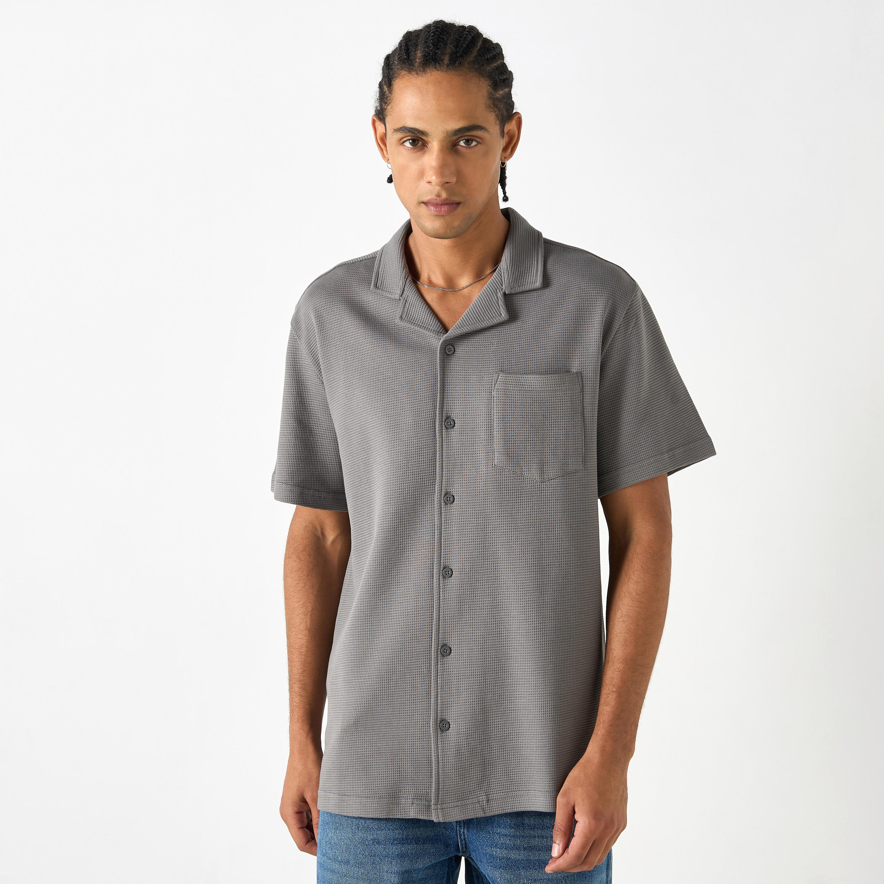 Shop Regular Fit Waffle Textured Short Sleeves Shirt with Camp Collar ...