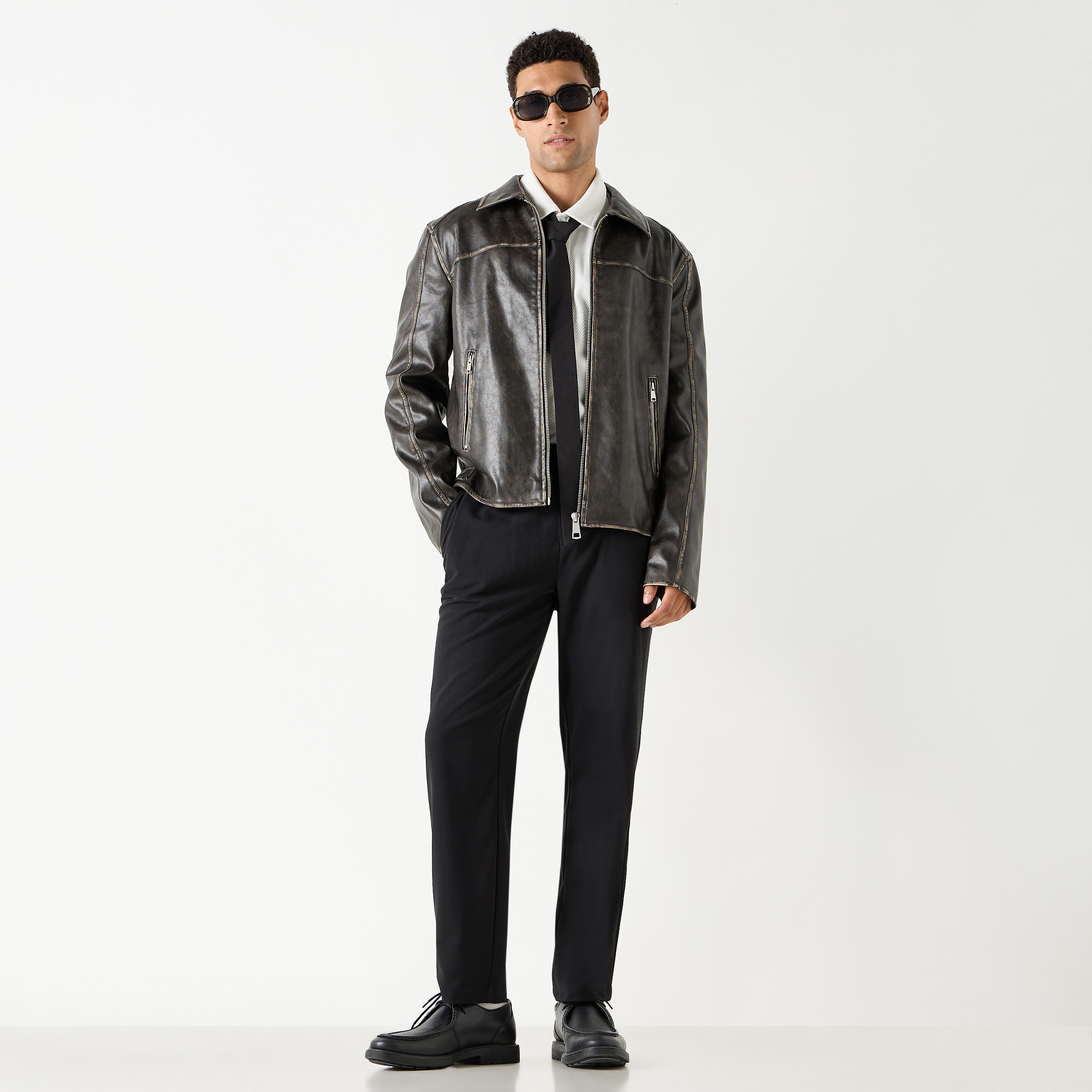 Shop Solid Leather Biker Jacket with Buckle Detail and Zip Closure ...