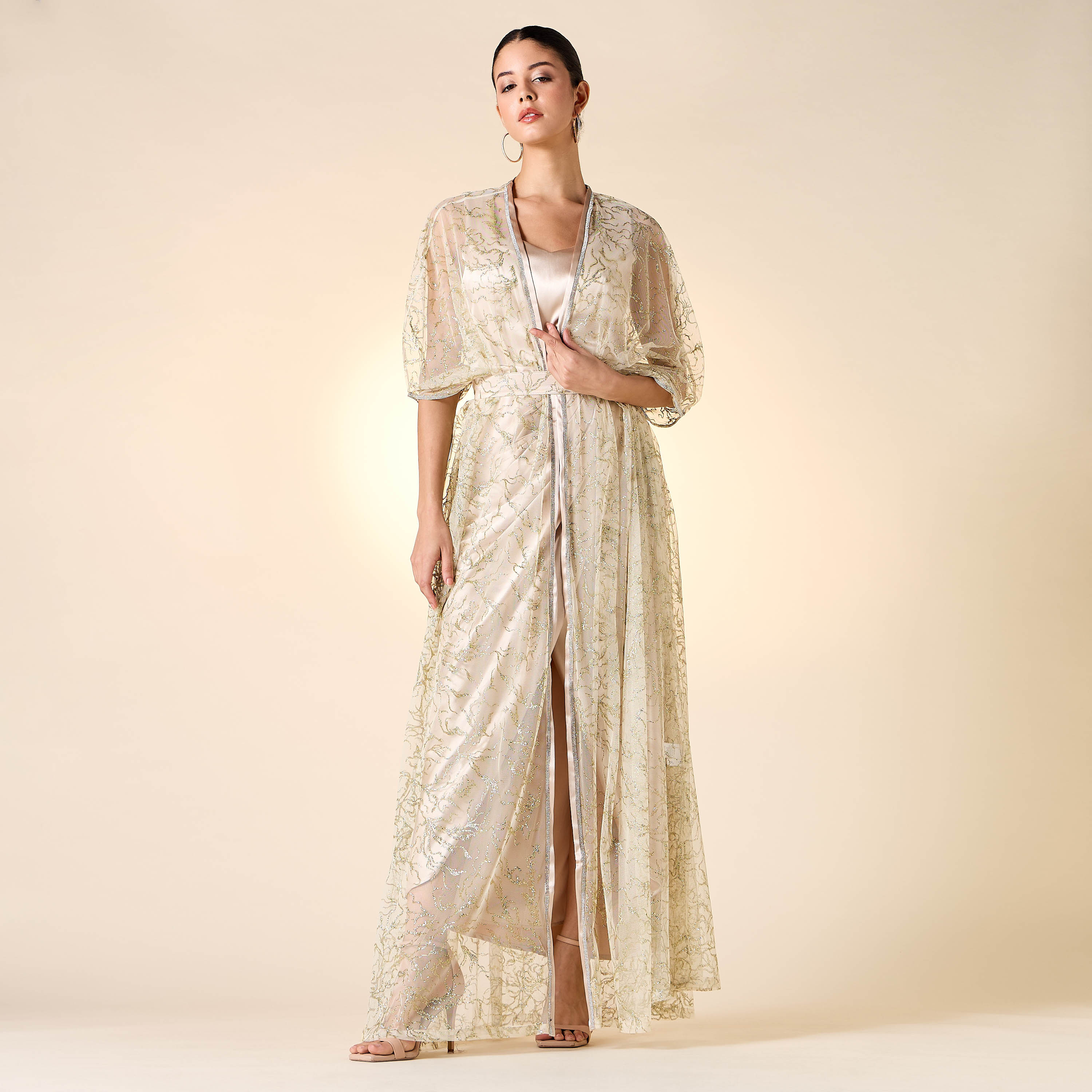 Buy Golden Apple Solid Sleeveless Draped Dress with Longline Shrug and ...