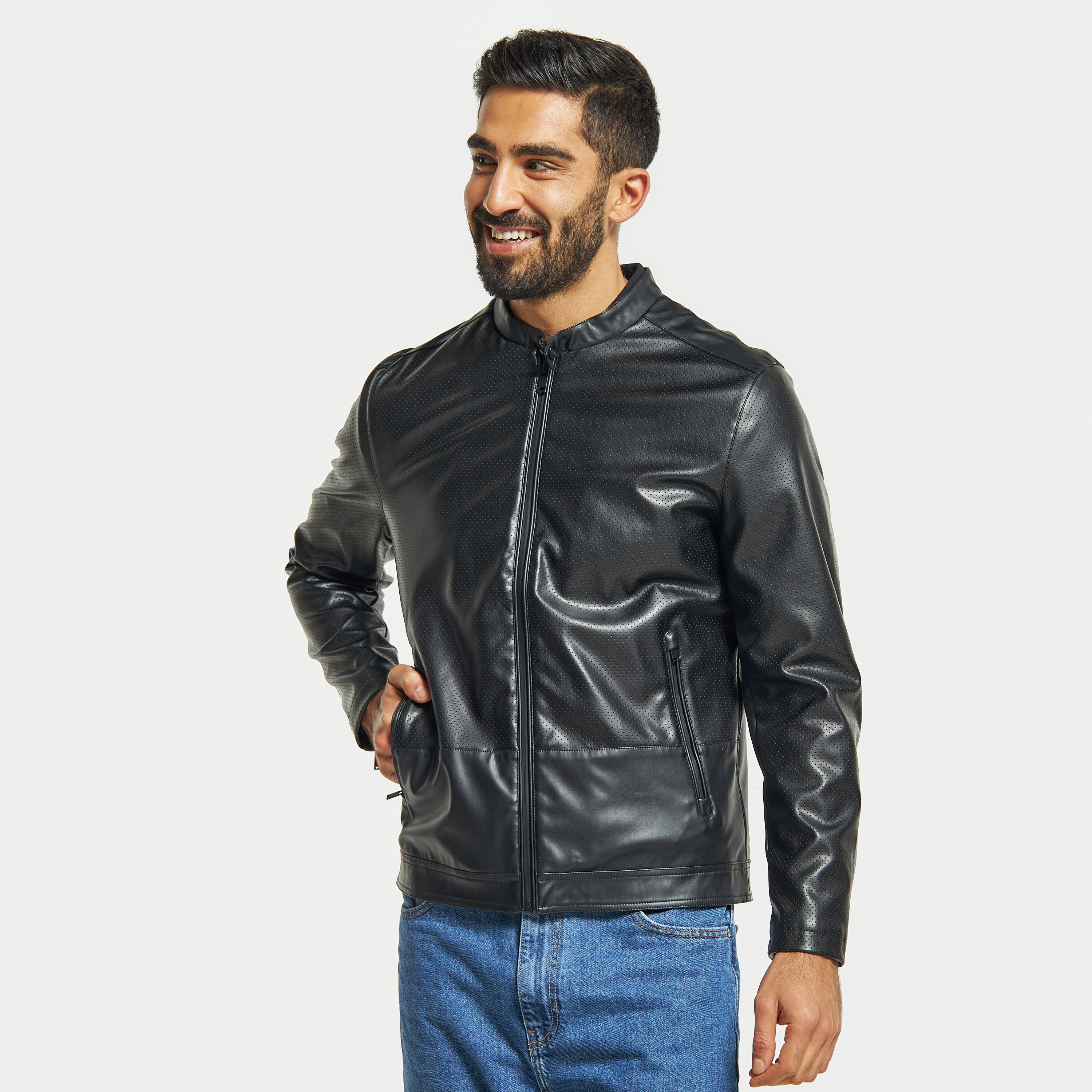 Shop Textured Zip Through Biker Jacket with Mandarin Neck and Pockets ...