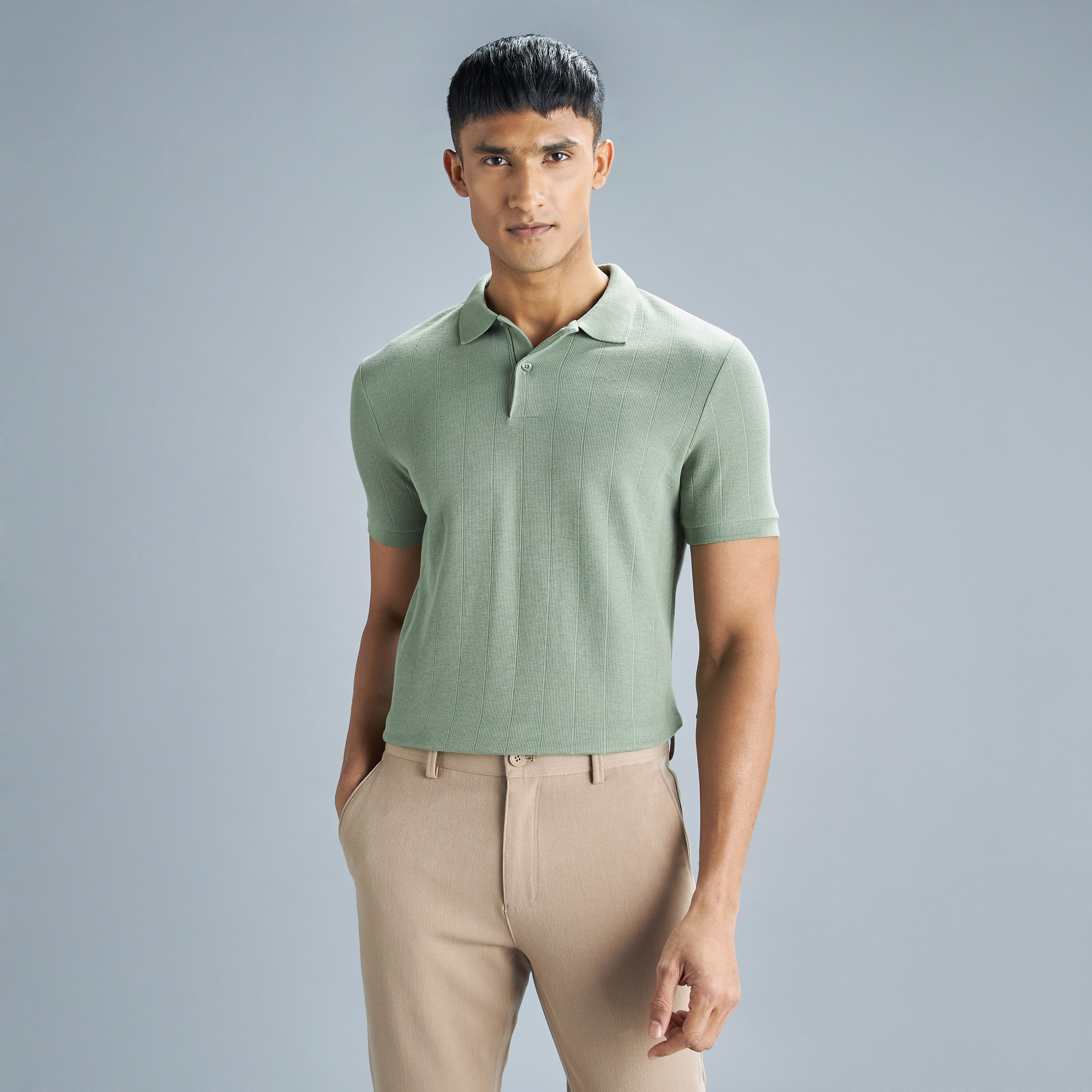 Shop Textured Polo T-shirt with Short Sleeves and Button Closure Online ...