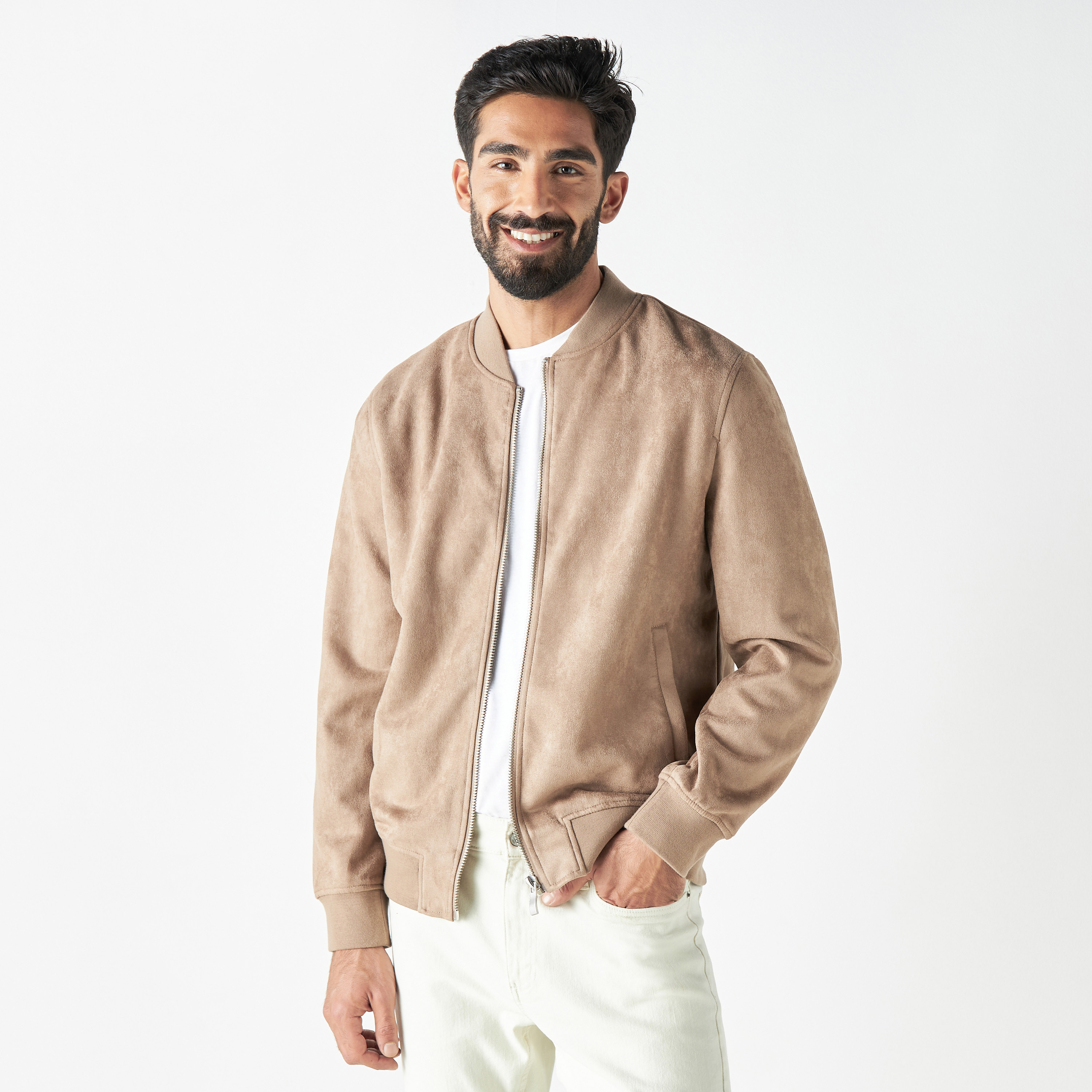 Shop Solid Zip Through Jacket with Mandarin Collar Online | Splash Kuwait