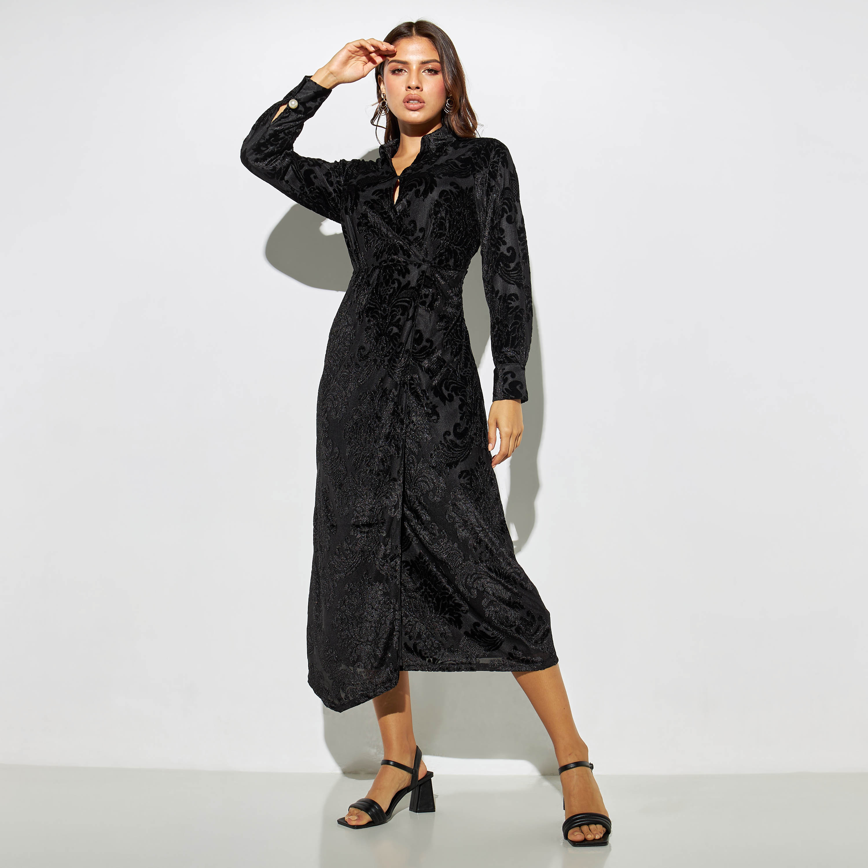 Shop Textured Midi Wrap Dress with Collar and Long Sleeves Online ...