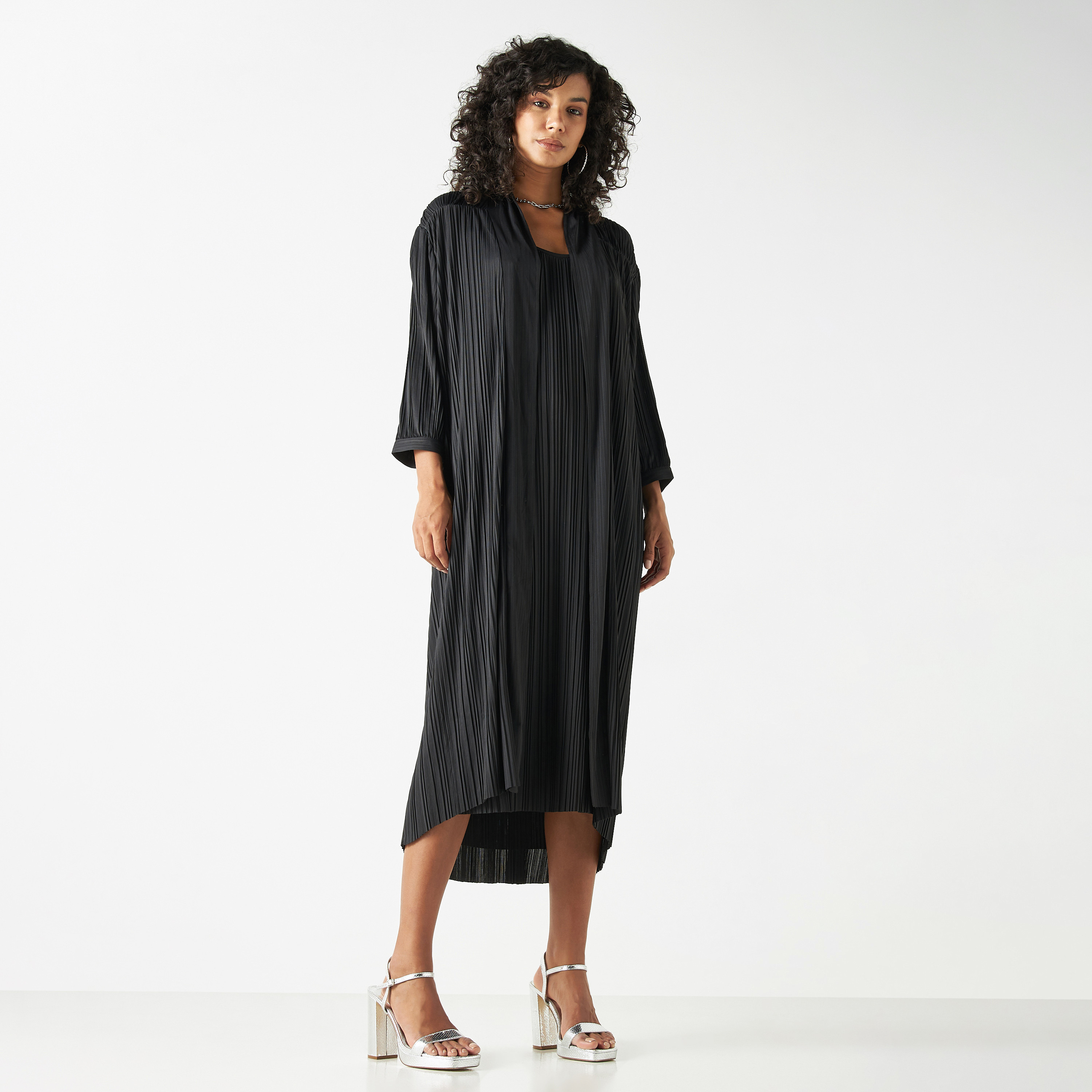 Buy Textured Shift Dress with Long Sleeves Shrug Online | Centrepoint ...