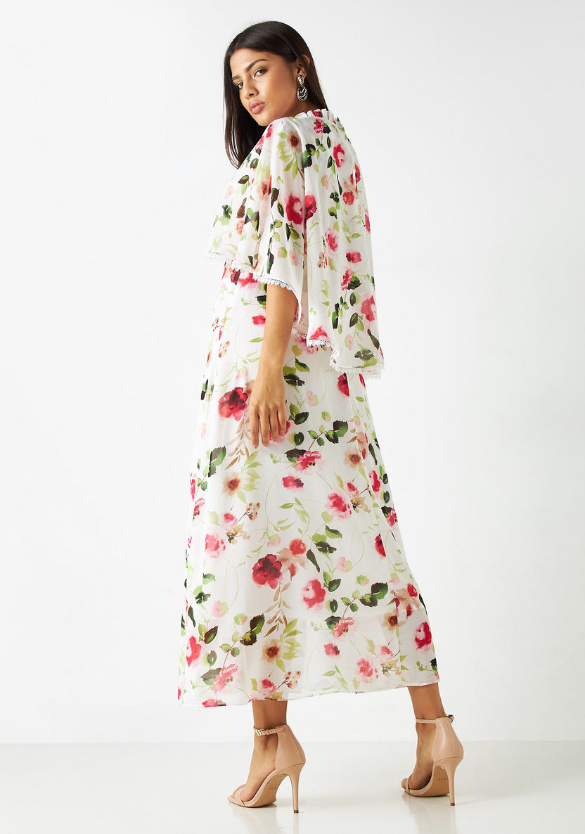 Buy All Over Floral Print Cape Dress With Ruffles And Lace Detail