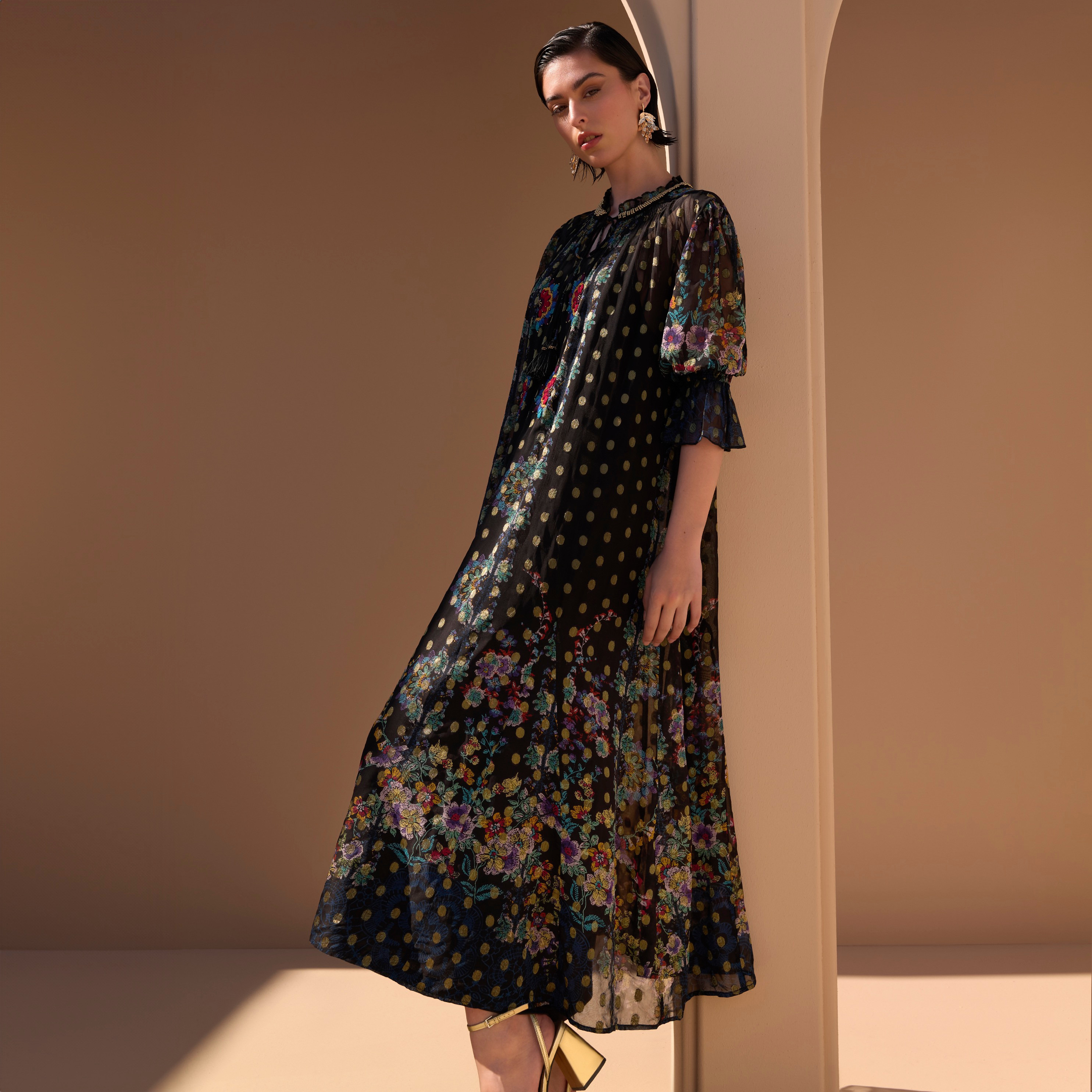 Buy Embroidered Maxi Dress with Tie-Ups and Bell Sleeves Online ...
