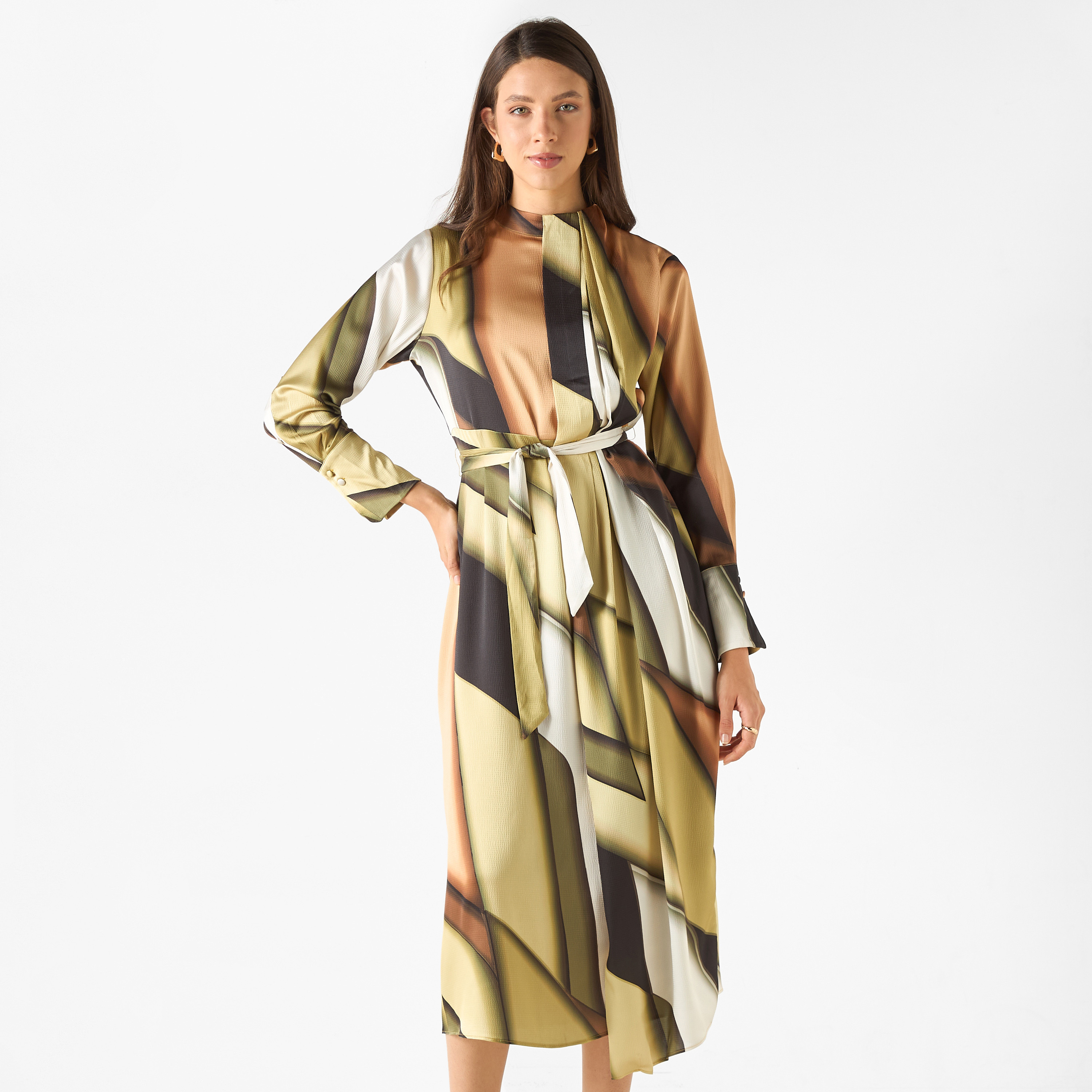 Shop All-Over Print High Neck A-line Dress with Long Sleeves and Tie-Up ...