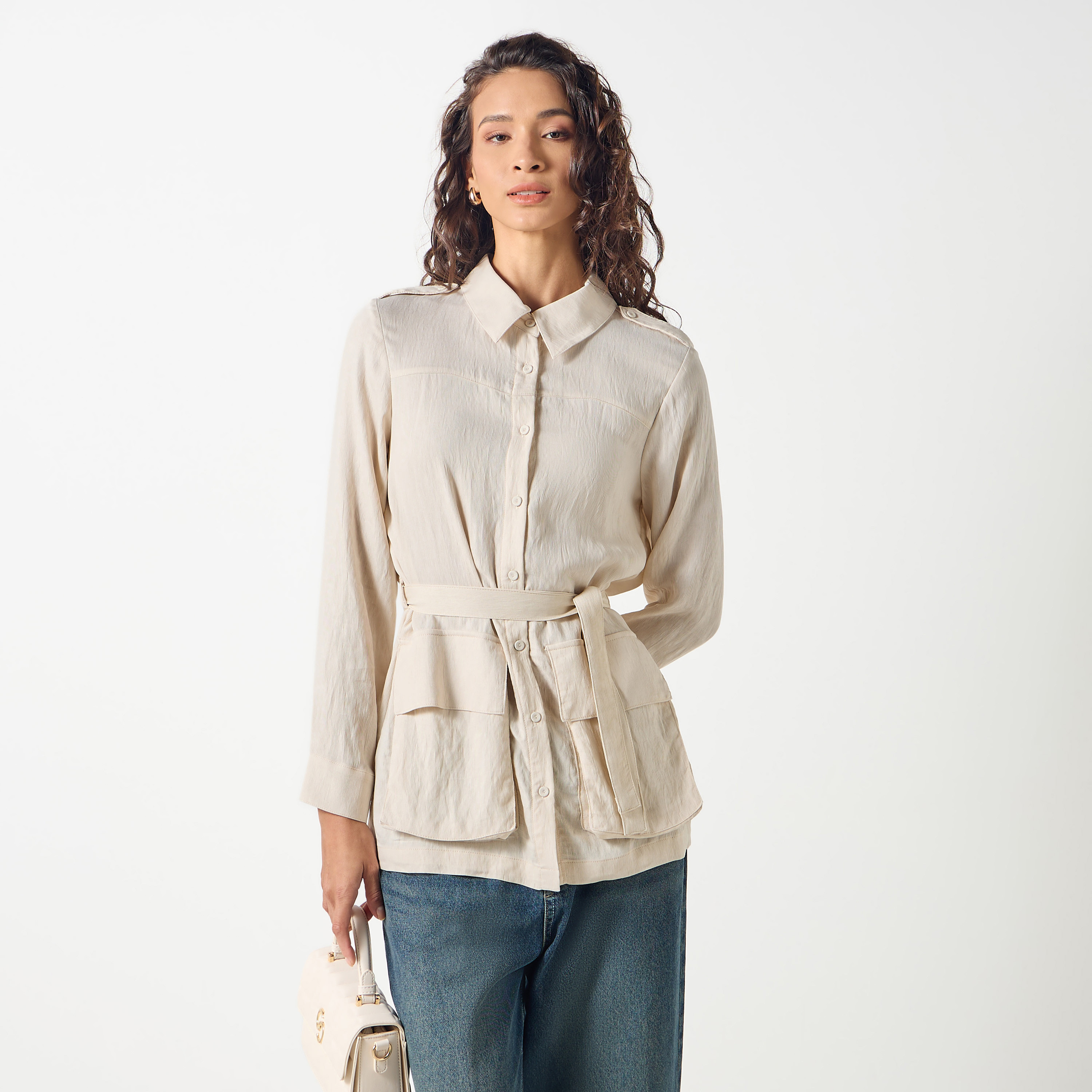 Shop Textured Longline Shacket with Tie-Up Belt and Pockets Online ...