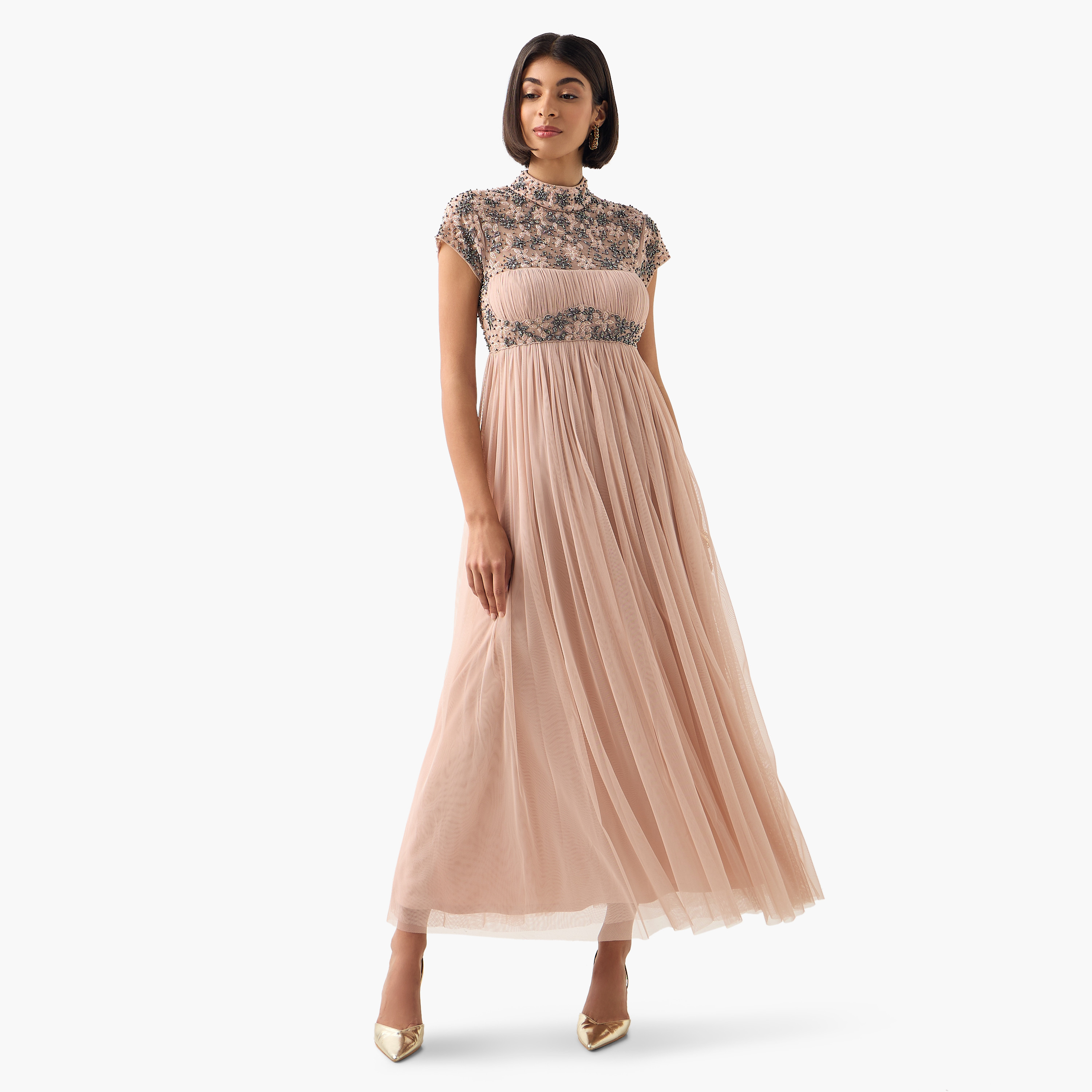 Buy Embellished High Neck Dress with Cap Sleeves Online | Centrepoint ...