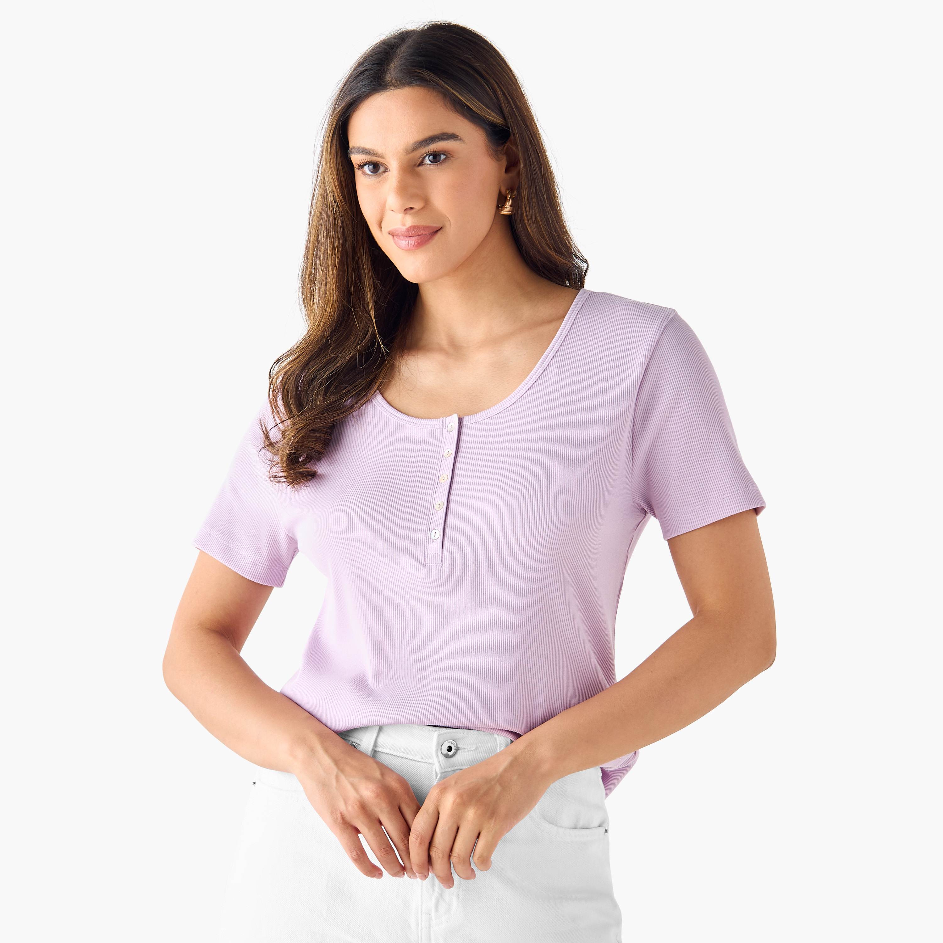 Buy Ribbed Henley Neck T-shirt with Short Sleeves and Button Closure ...