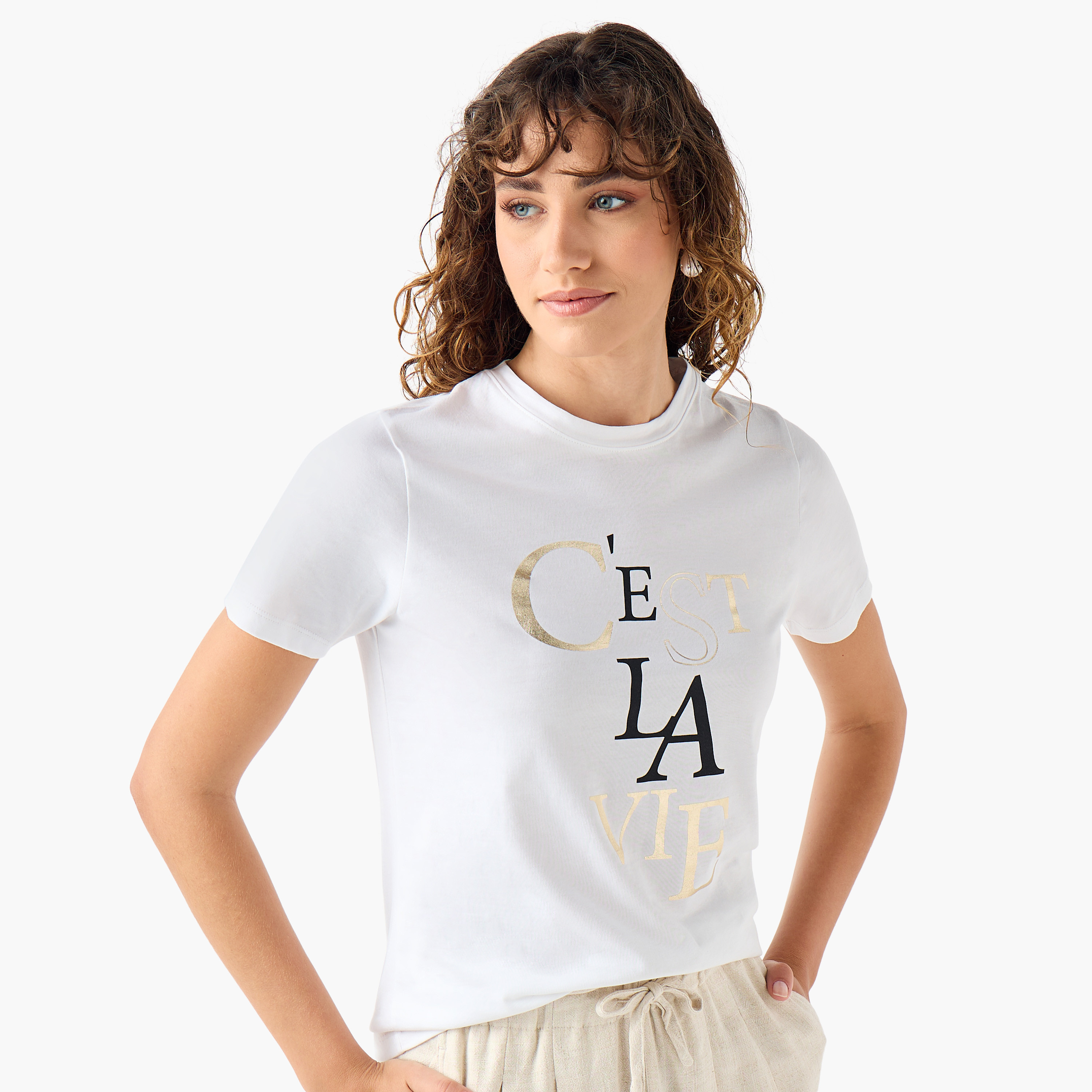 Shop Graphic Print Cotton T-shirt with Crew Neck Online | Splash UAE
