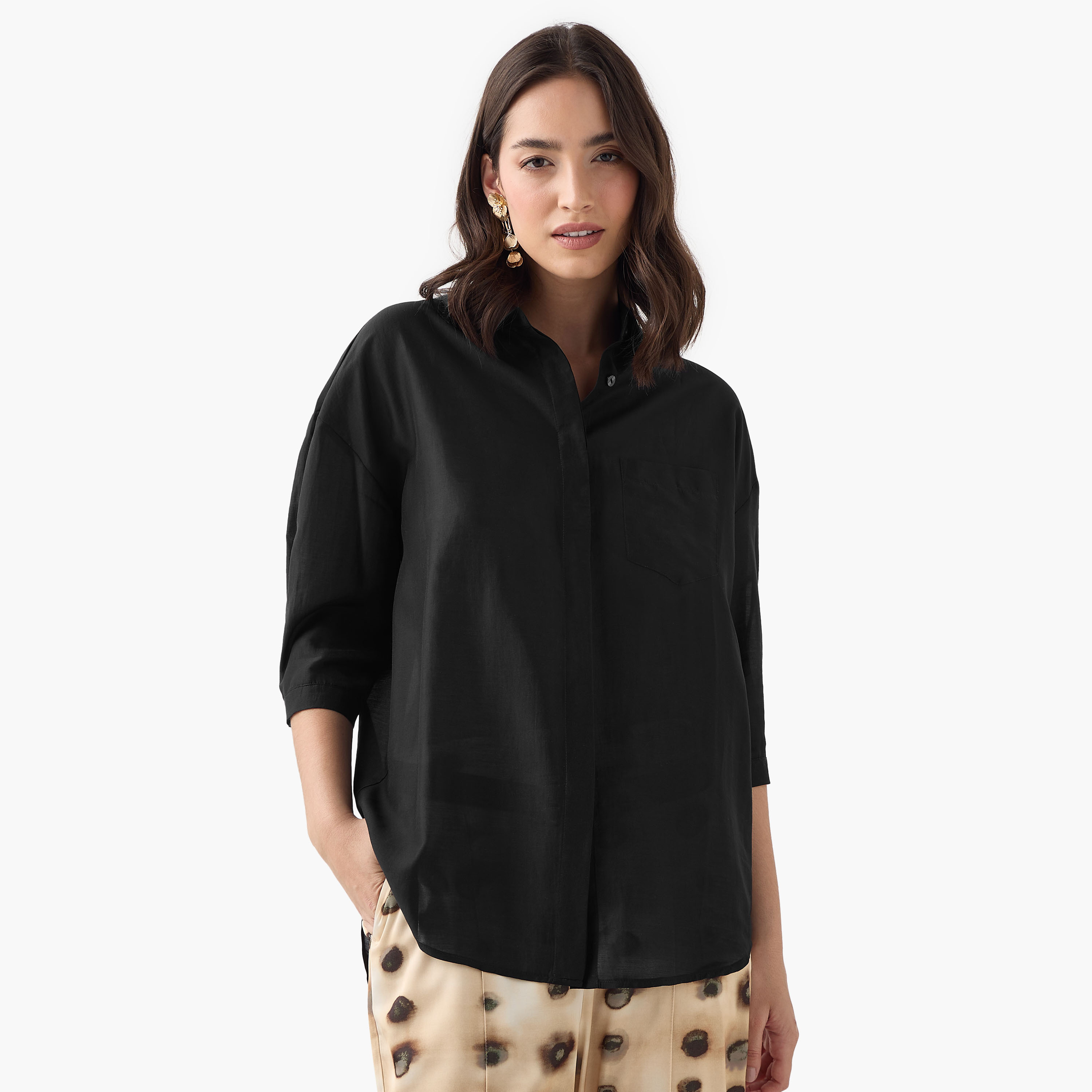 Buy Relaxed Fit High Low Shirt with 3/4 Sleeves Online | Centrepoint Qatar