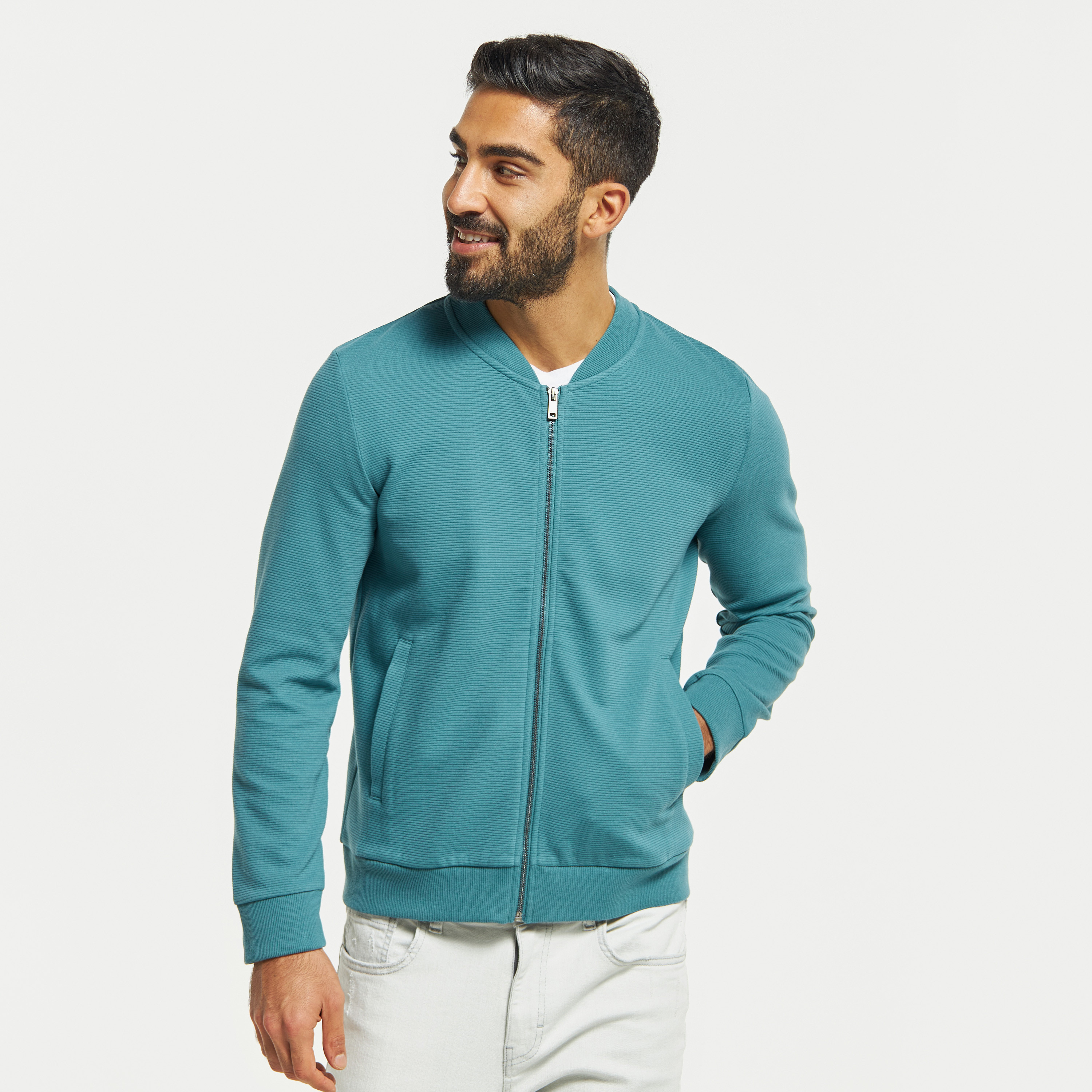 Shop Textured Zip Through Jacket with Mandarin Neck and Pockets Online ...