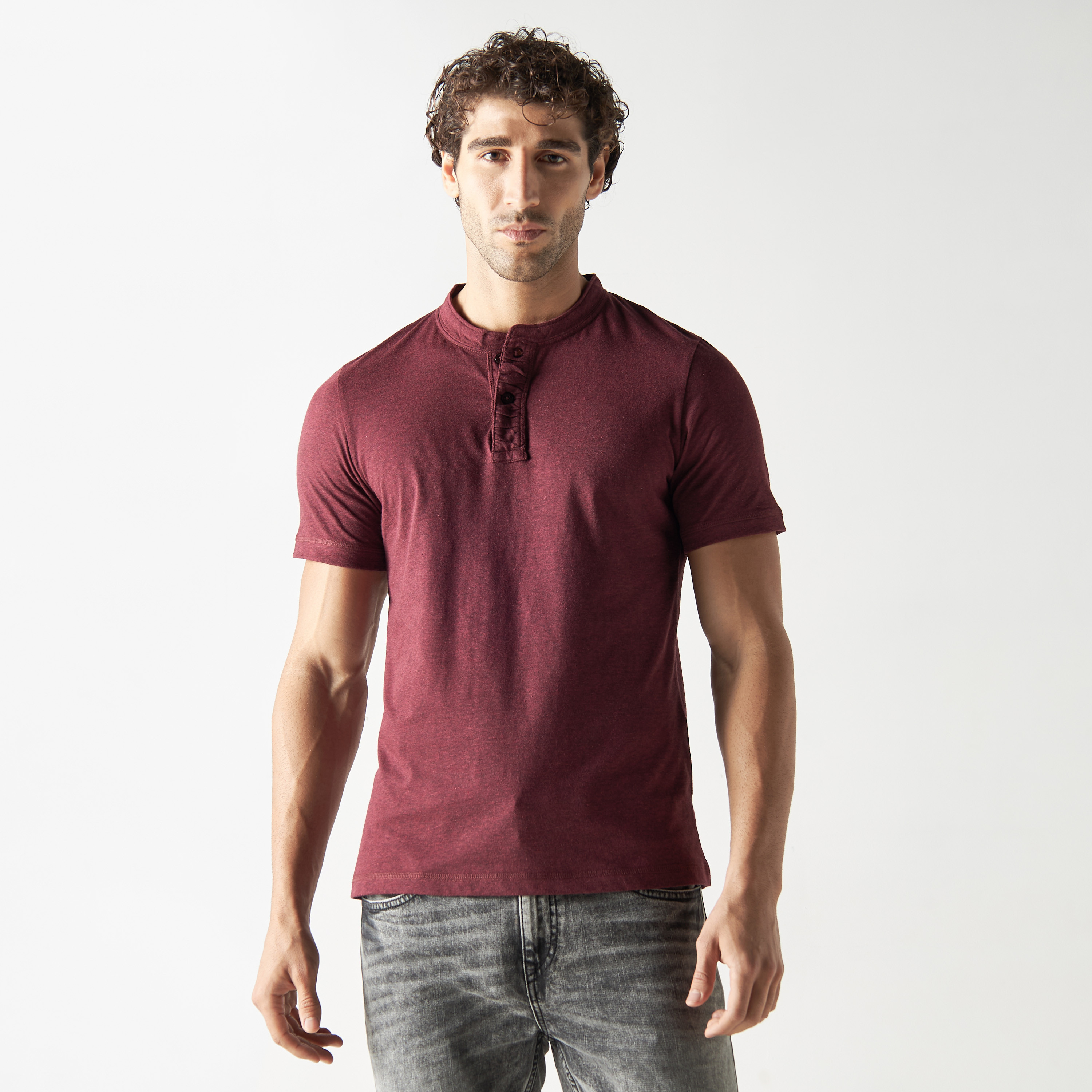 Shop Henley Neck T-shirt with Short Sleeves Online | Centrepoint Kuwait