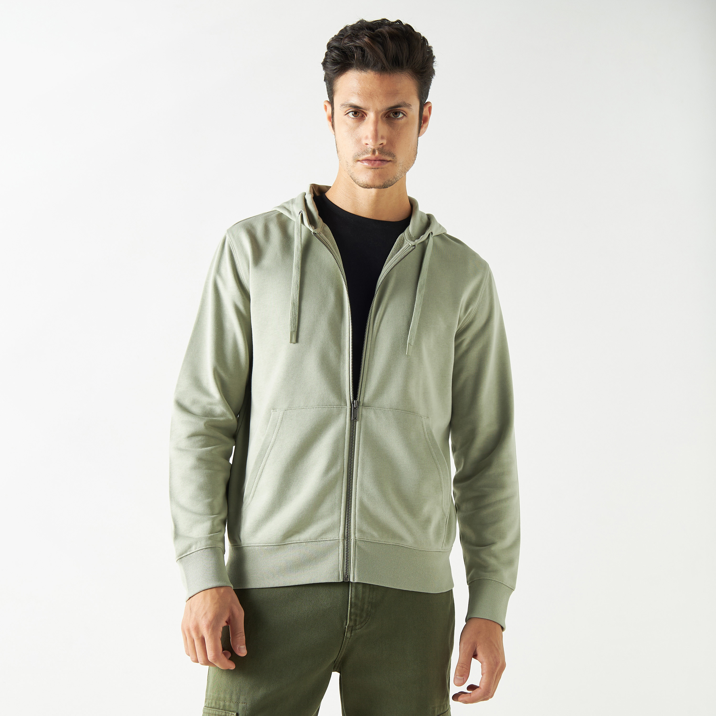 Buy Men's Solid Zip Through Hoodie with Long Sleeves and Pockets Online | Centrepoint Oman