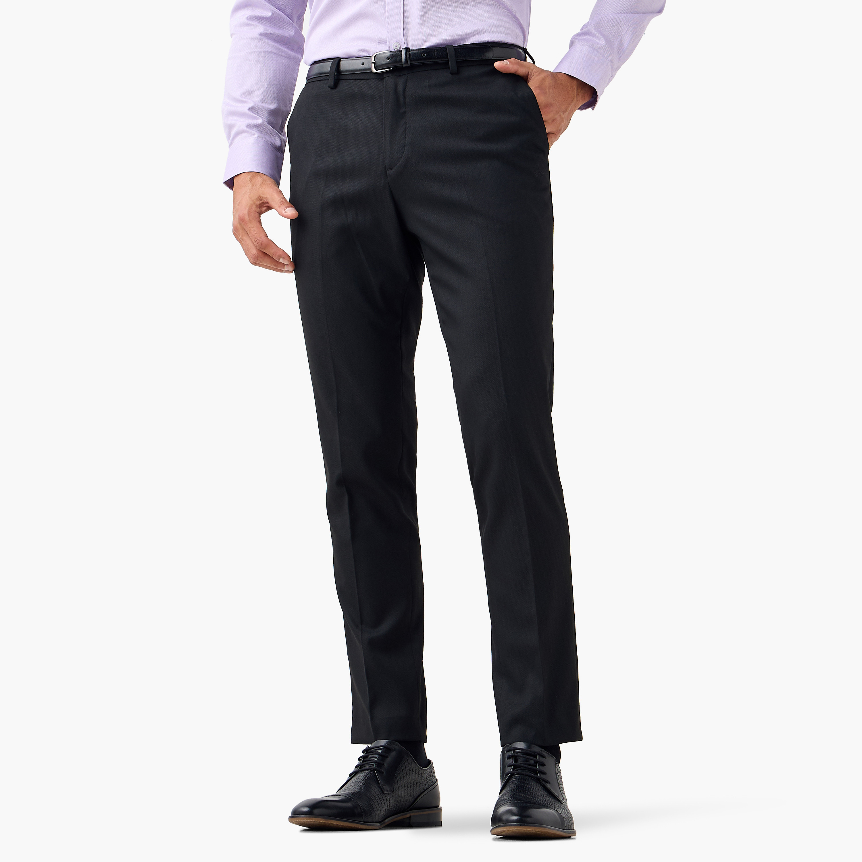 Shop Slim Fit Belted Flexi Waist Formal Trousers with Pockets Online ...
