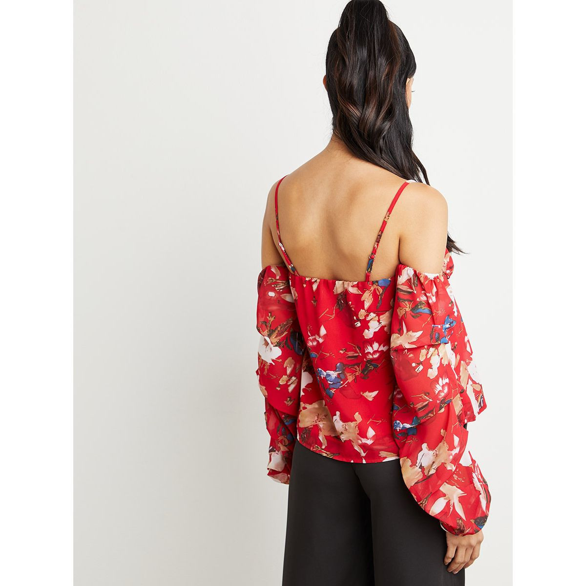 Buy Styli Floral Print Cold Shoulder Top with Frill Detail Online ...