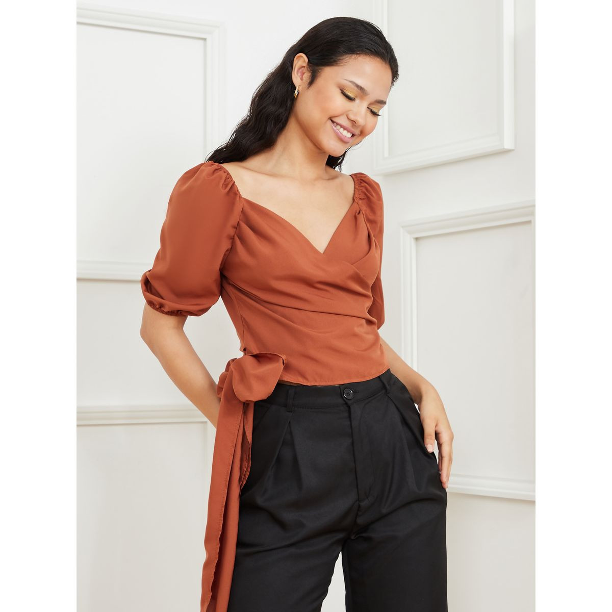 Buy Styli Puff Sleeves Sweetheart Neck Wrap Around Top Online ...