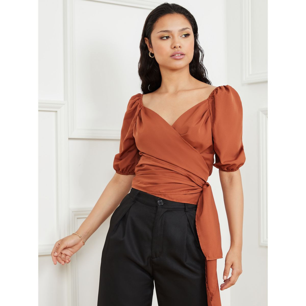 Buy Styli Puff Sleeves Sweetheart Neck Wrap Around Top Online ...