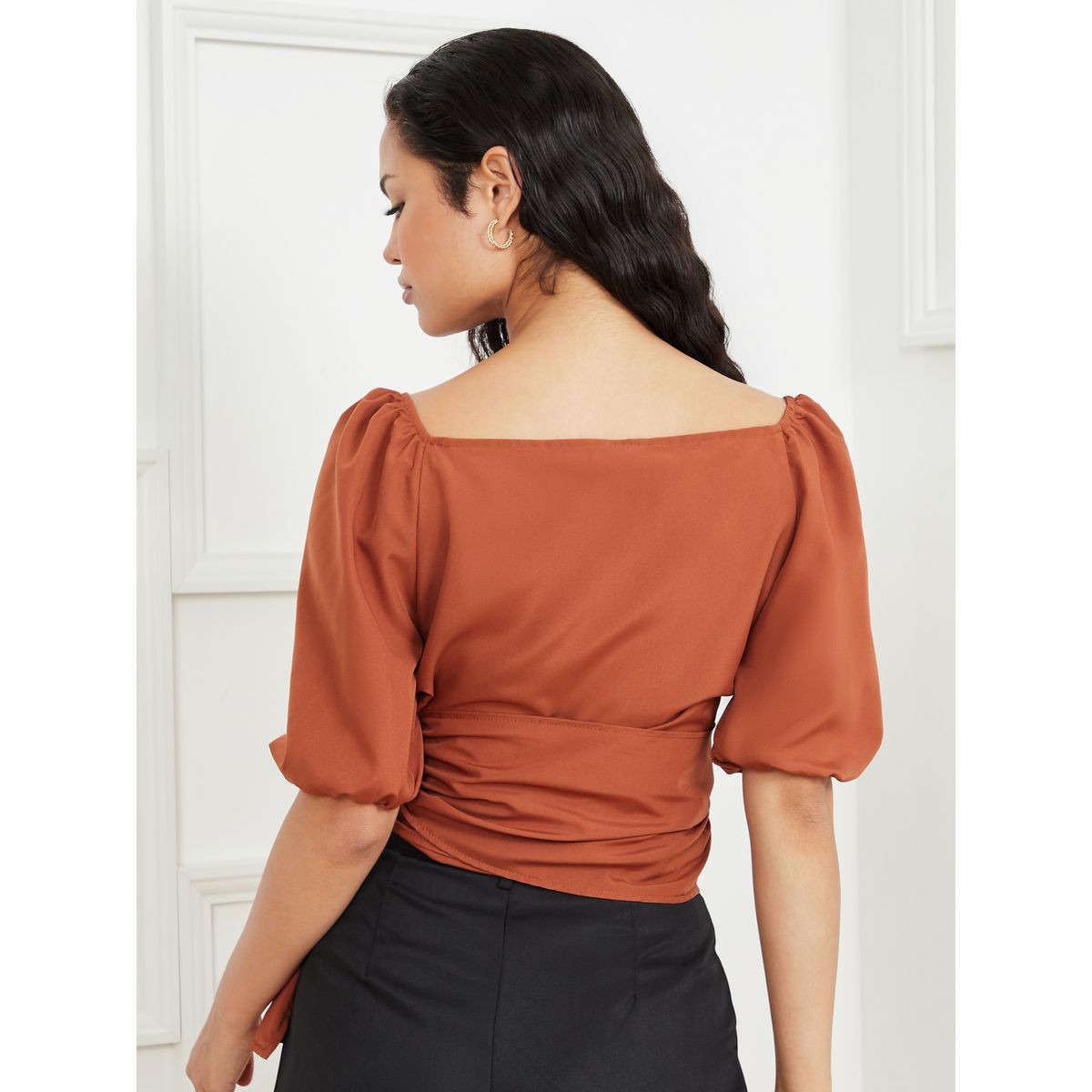Buy Styli Puff Sleeves Sweetheart Neck Wrap Around Top Online ...