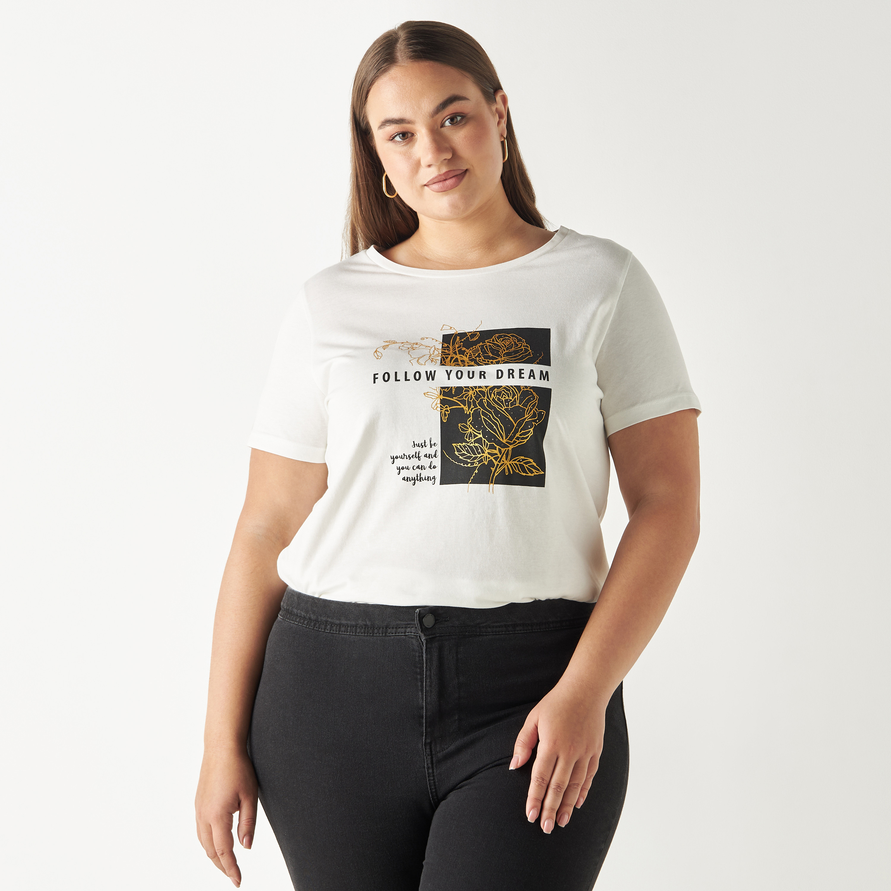 Shop Plus Size Slogan Floral Print T-shirt with Crew Neck and Short ...